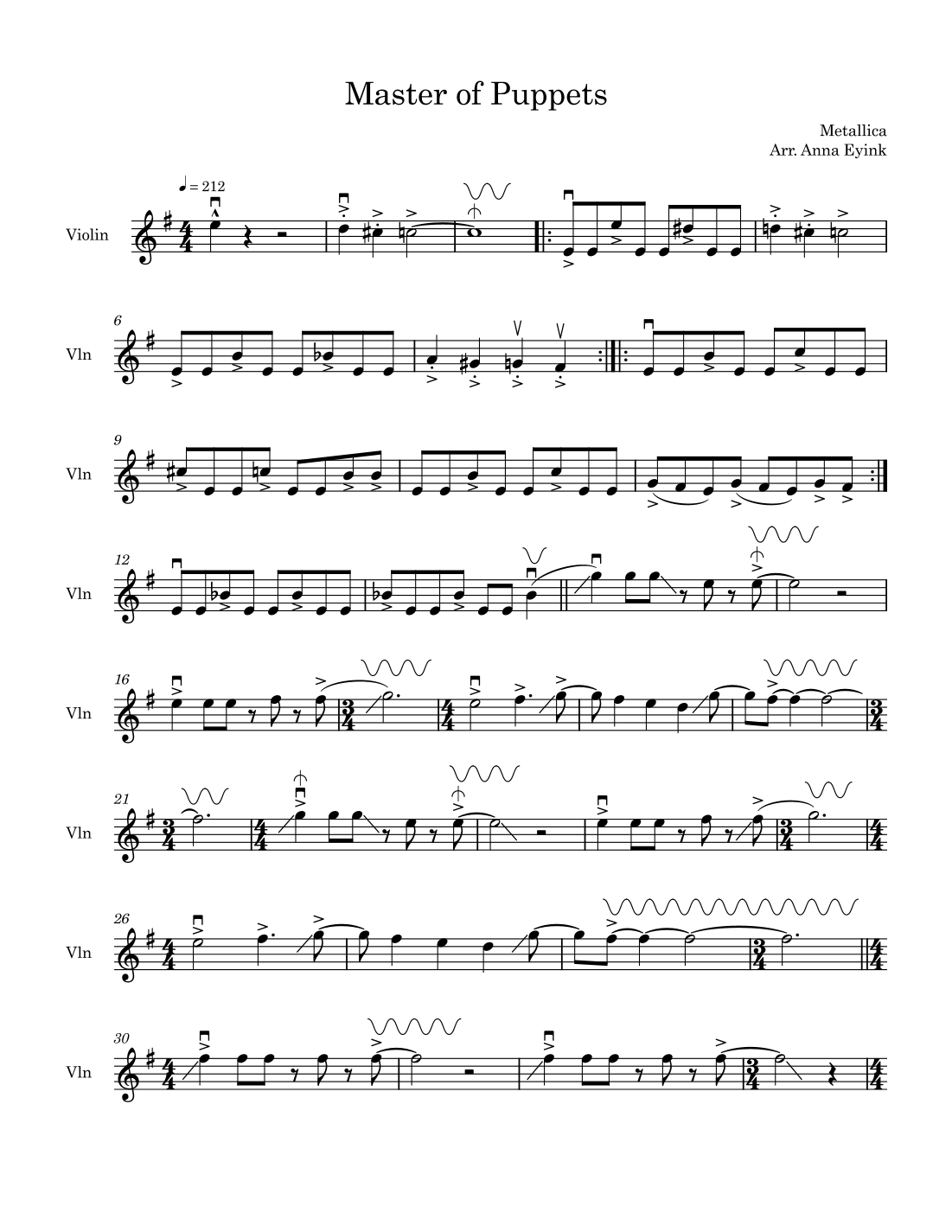 Master Of Puppets (arr. Anna Eyink) by Metallica Sheet Music for Violin ...