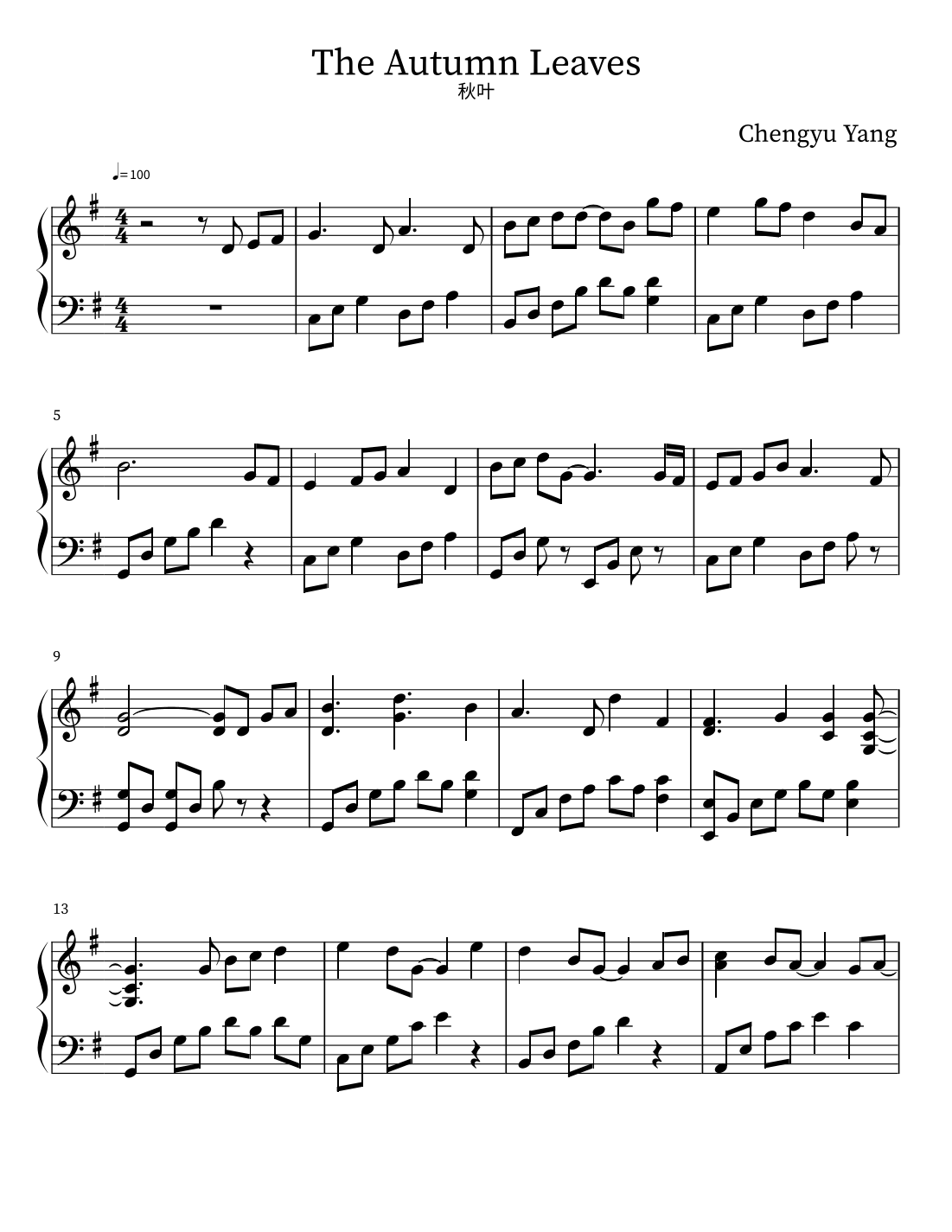 The Autumn Leaves by Chengyu Yang Sheet Music for Easy Piano at Sheet ...