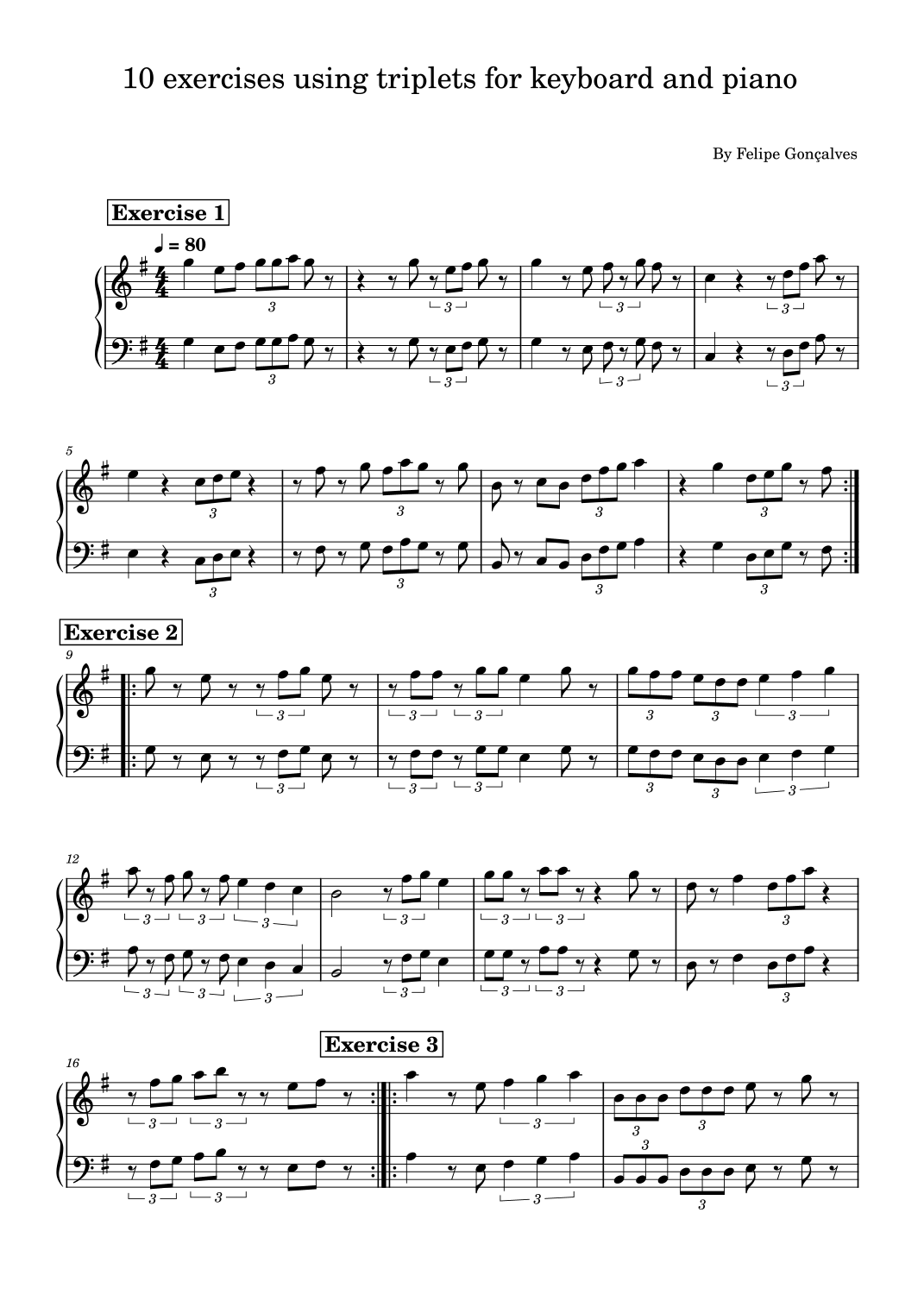 10 exercises using triplets for keyboard and piano in the key of G ...