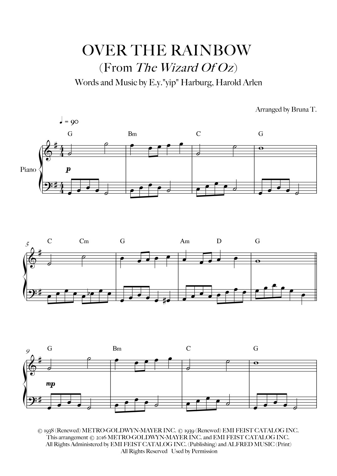 Over The Rainbow (arr. Bruna T.) by Judy Garland Sheet Music for Easy ...