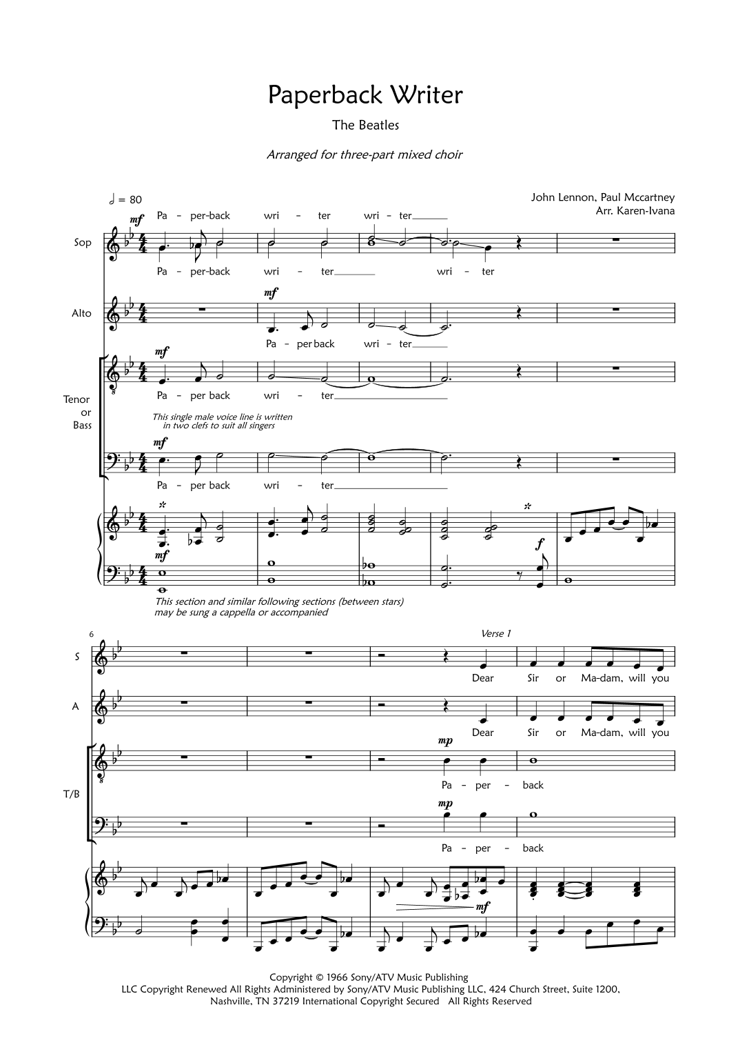 Paperback Writer (arr. Karen Ivana) by The Beatles Sheet Music for SAB ...
