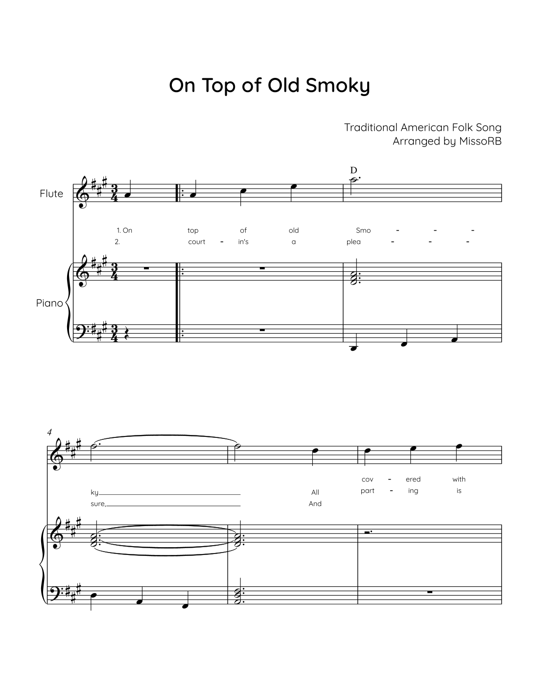 On Top of Old Smoky - Flute & Piano in A With Chords & Lyric - Easy ...