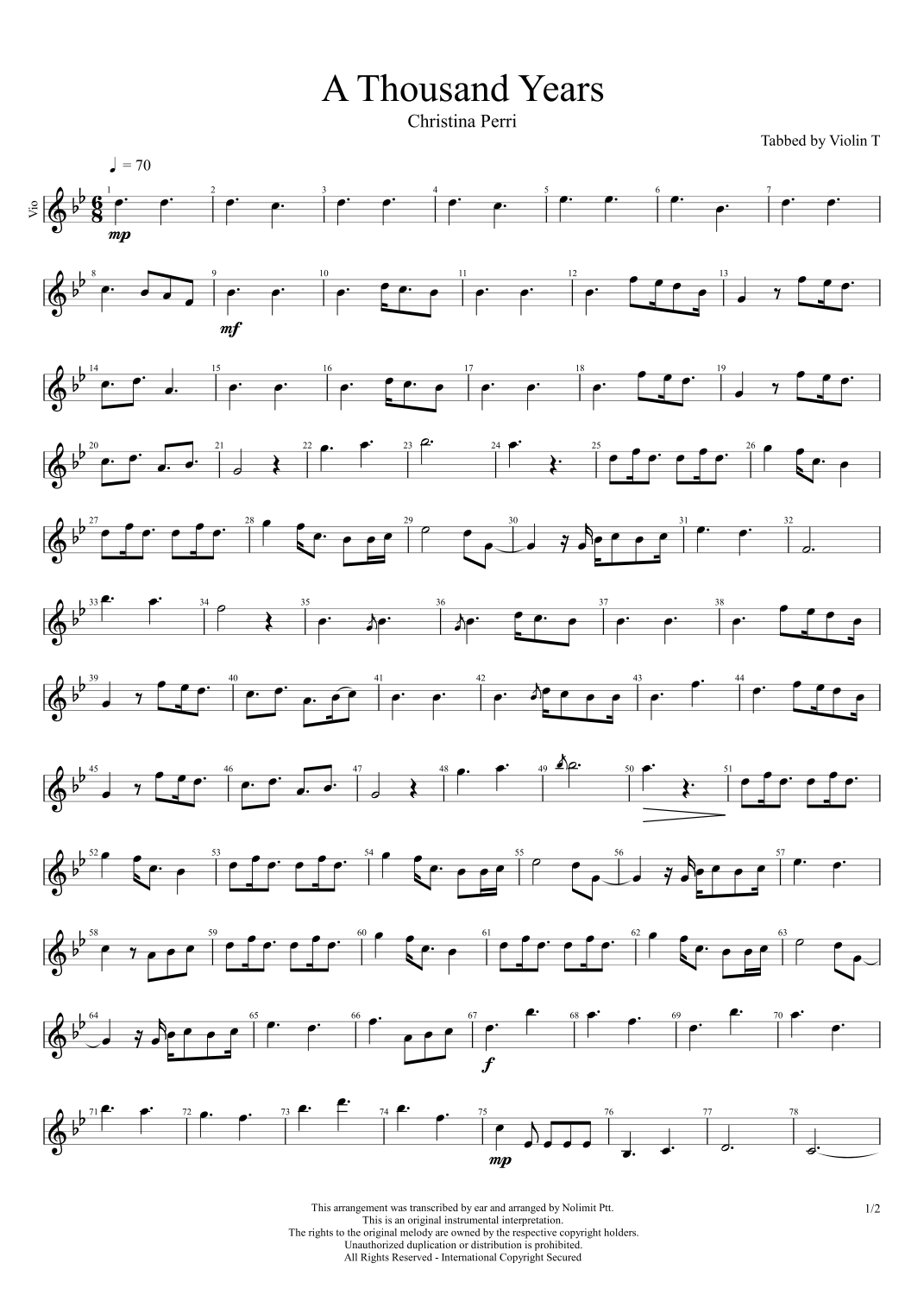 A Thousand Years (arr. Violin T) by Chrïstina Perri Sheet Music for ...
