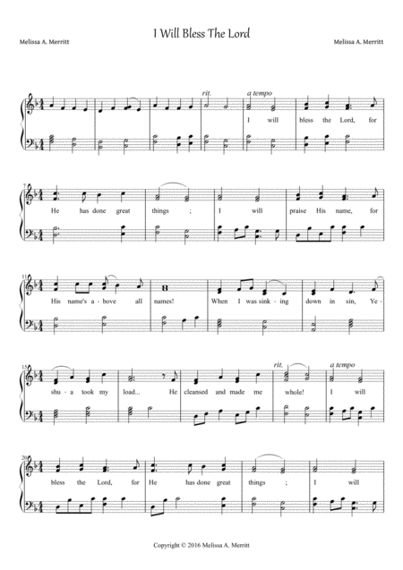 I Will Bless The Lord by Melissa Merritt Sheet Music for Piano & Vocal ...