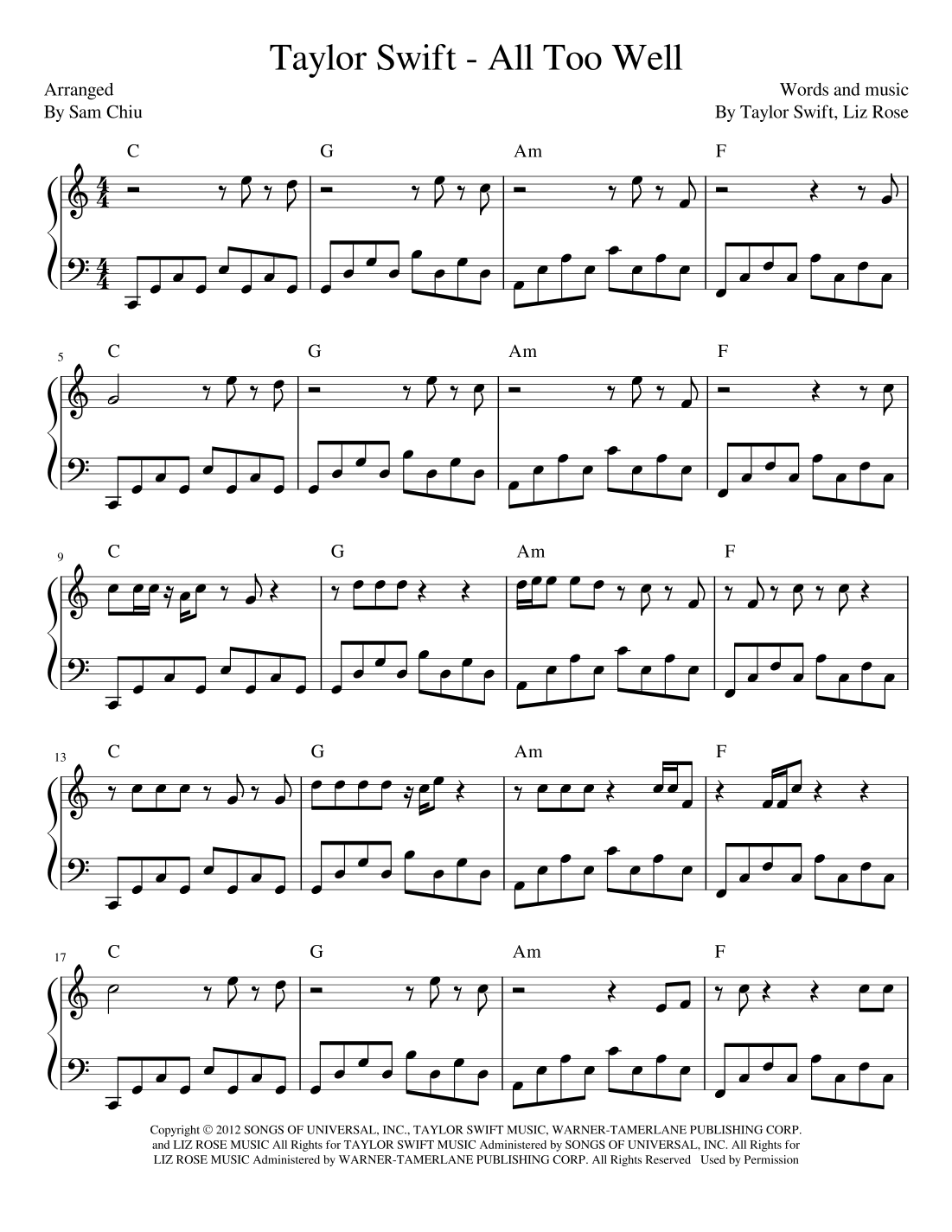 All Too Well (arr. Sam Chiu) par Taylor Swift Partitions pour Piano ...