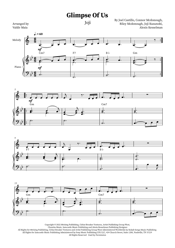 Glimpse Of Us (arr. Valdir Maia) by Joji Sheet Music for Trumpet and Piano at Sheet Music Direct