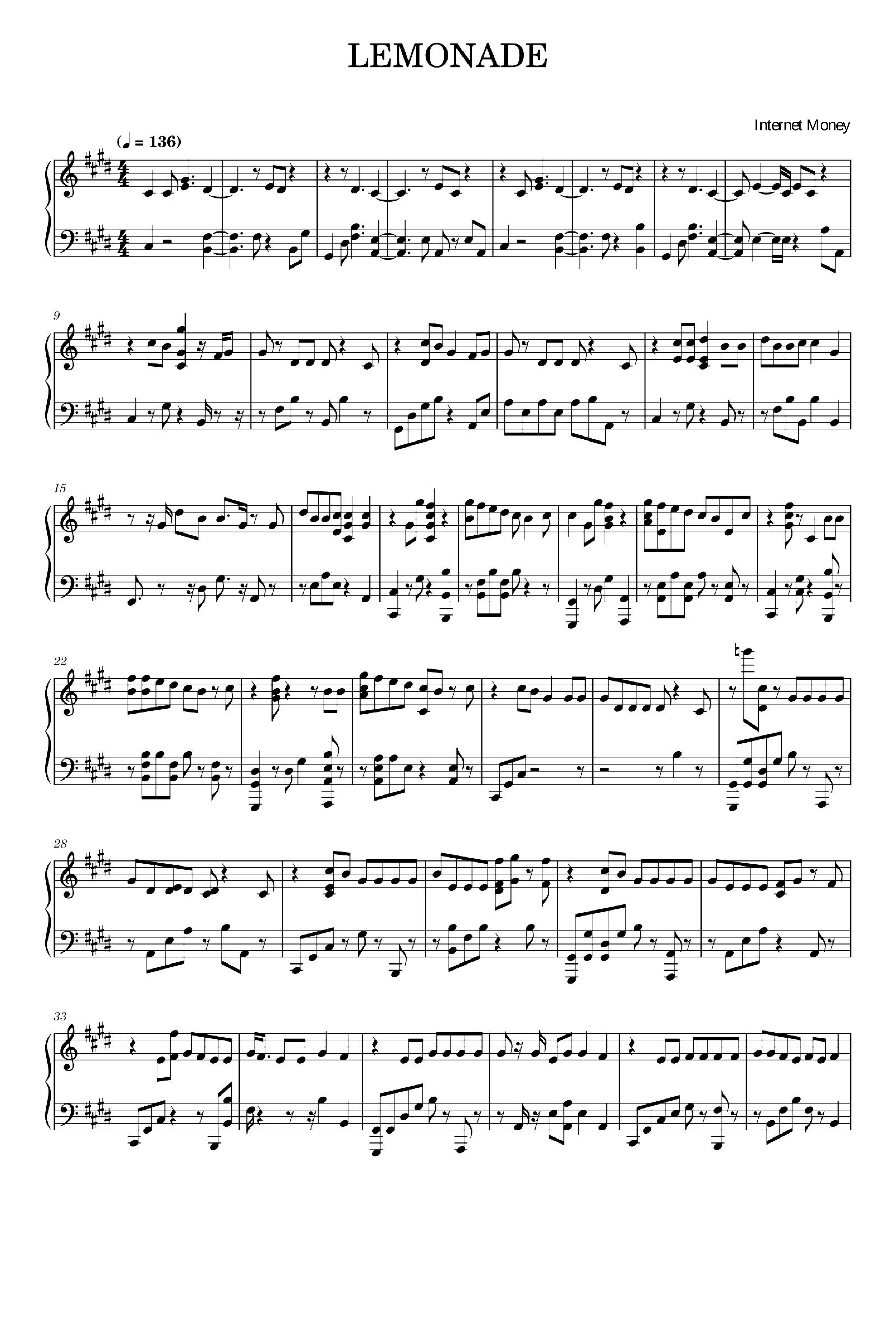 Lemonade (arr. Internet Money) by Internet Money Sheet Music for Piano ...