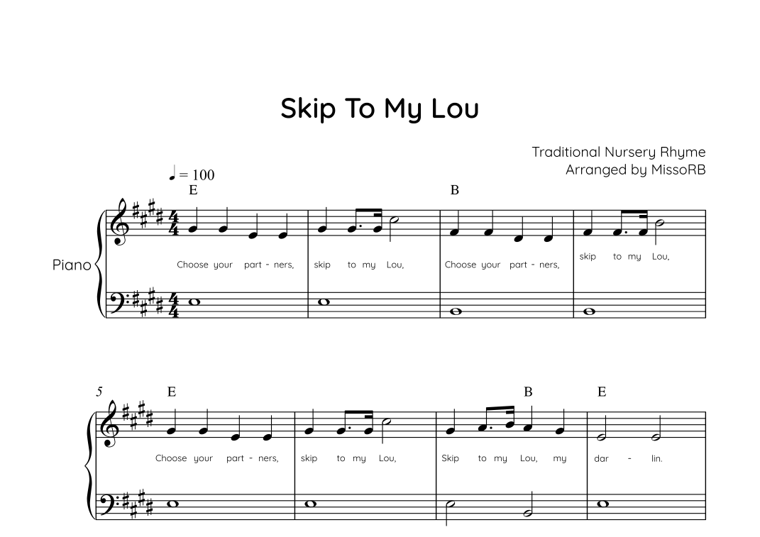 Skip To My Lou - Piano in E With Chords & Lyric - Easy (arr. MissoRB ...