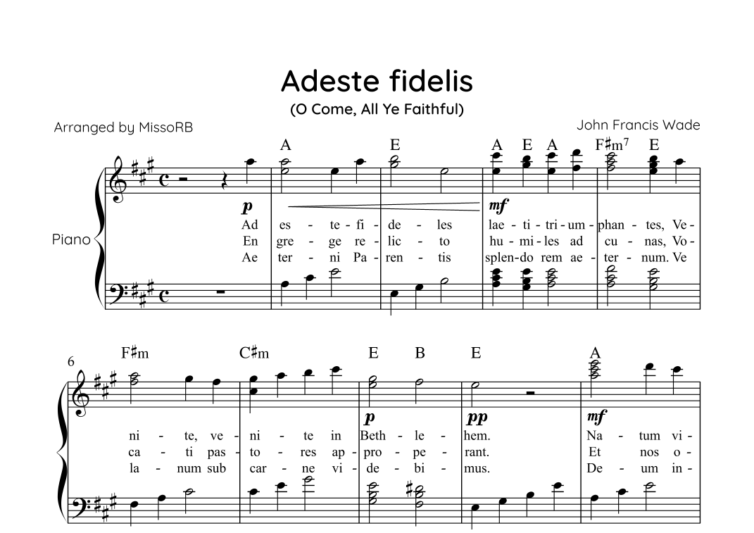 Adeste Fidelis (O Come, All Ye Faithful) - Piano in A Major ...