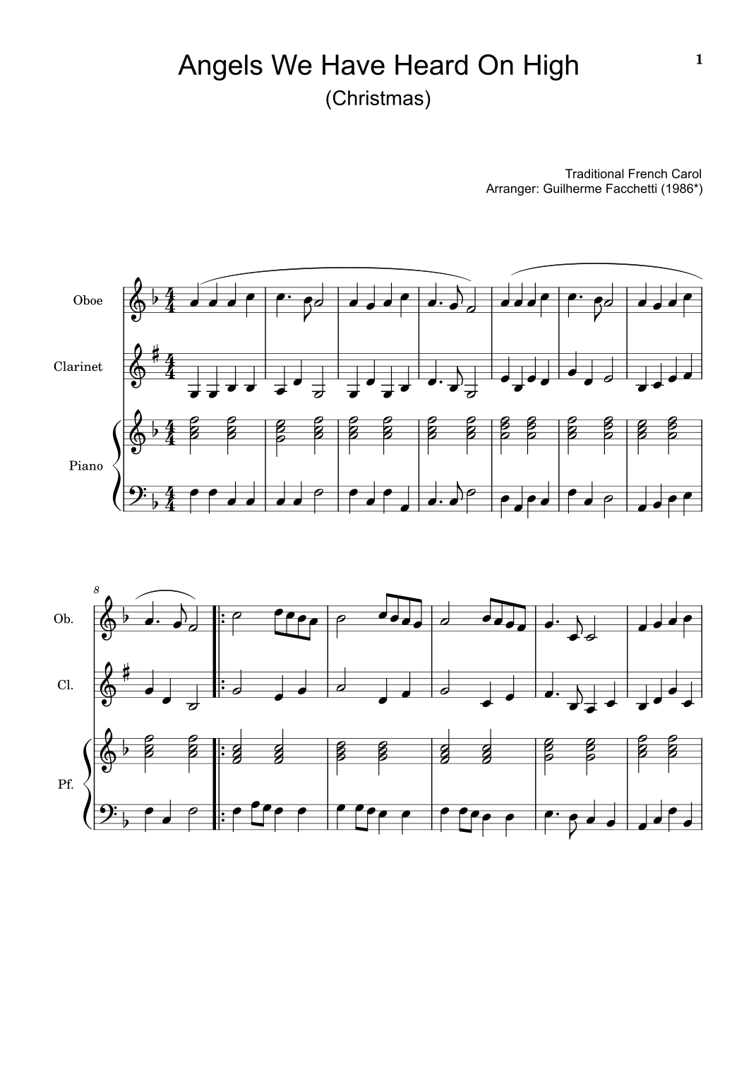 Angels We Have Heard On High - Oboe, Clarinet and Piano. With Parts. by ...