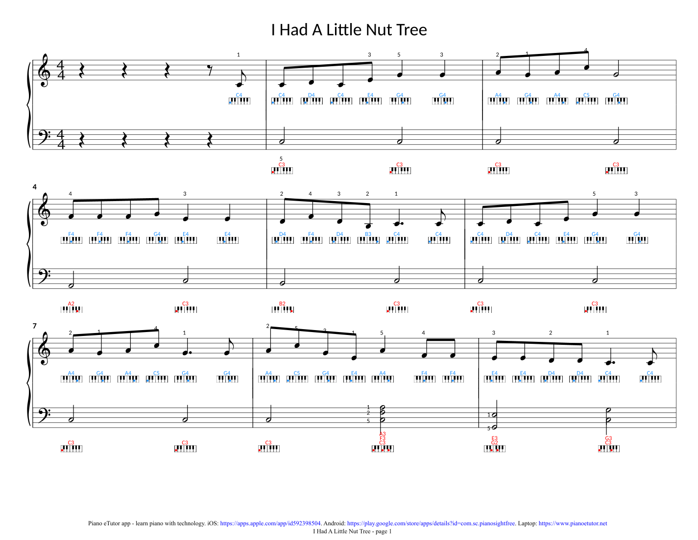 "I Had A Little Nut Tree" - simple piano sheet music for beginners with ...