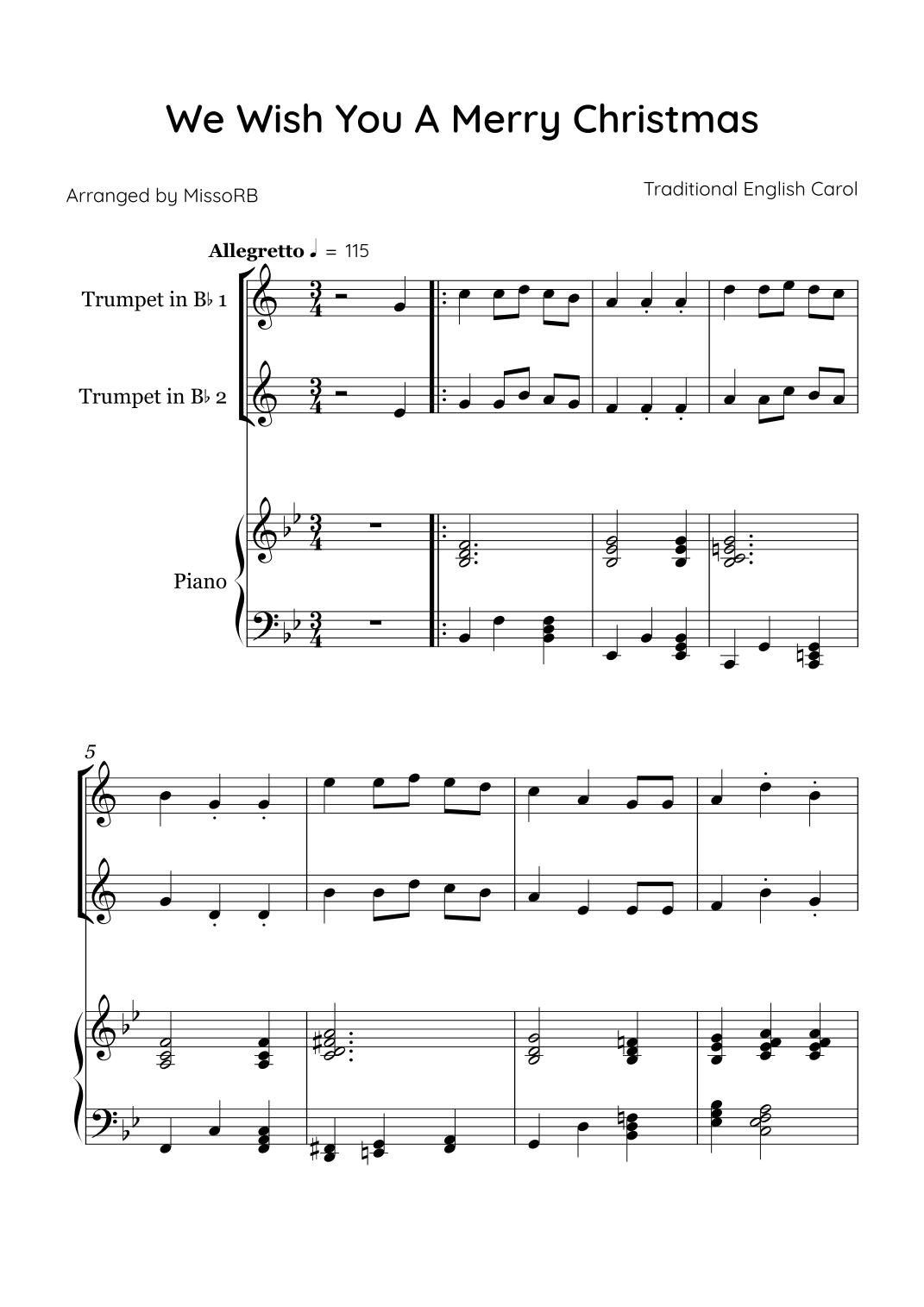 We Wish You a Merry Christmas - Trumpet Duet & Piano in Bb Major (Easy ...