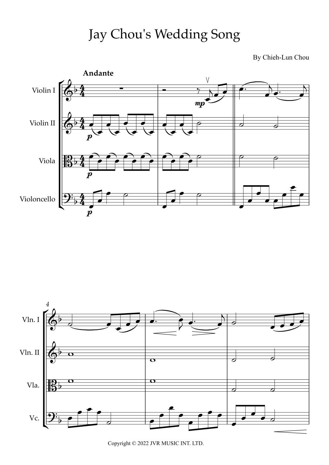 Jay's Wedding (arr. Clear Strings) by Chieh-lun Chou Sheet Music for String Quartet at Sheet ...