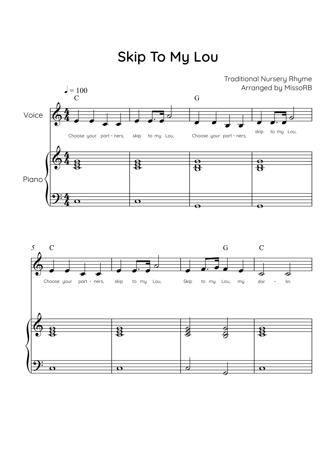 Skip To My Lou - Voice & Piano in C With Chords & Lyric - Easy (arr ...