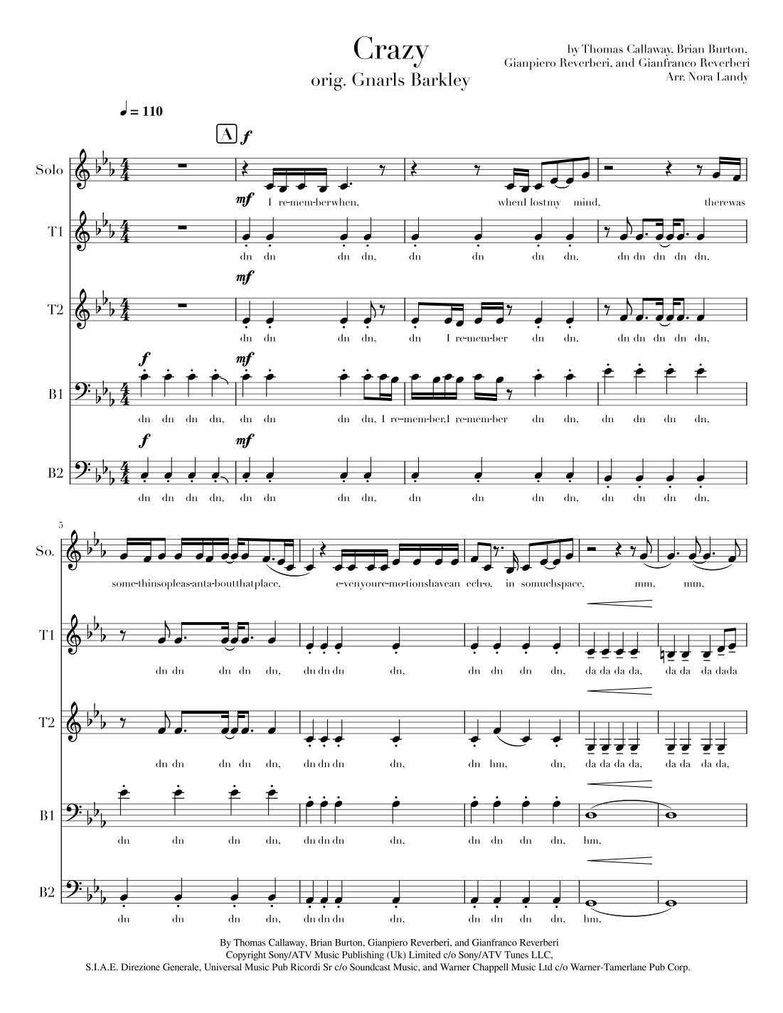 Crazy (arr. Nora Landy) por Gnarls Barkley Partituras para TTBB Coro en ...
