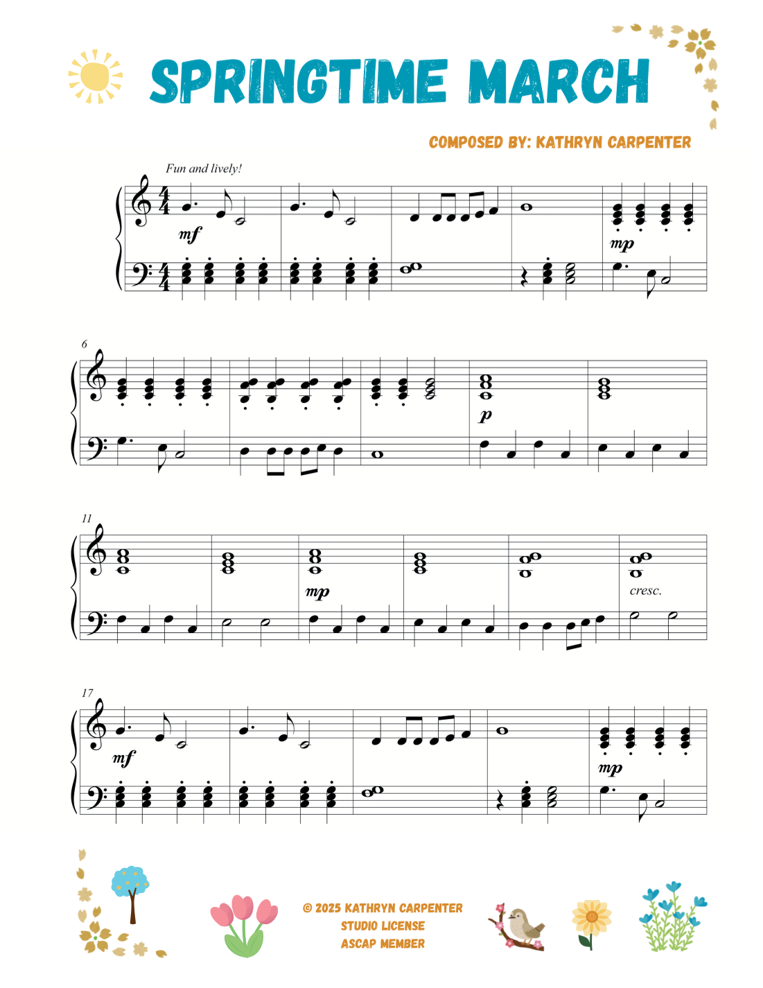 Springtime March (Easy Piano, C and D Major) by Kathryn Carpenter Sheet ...