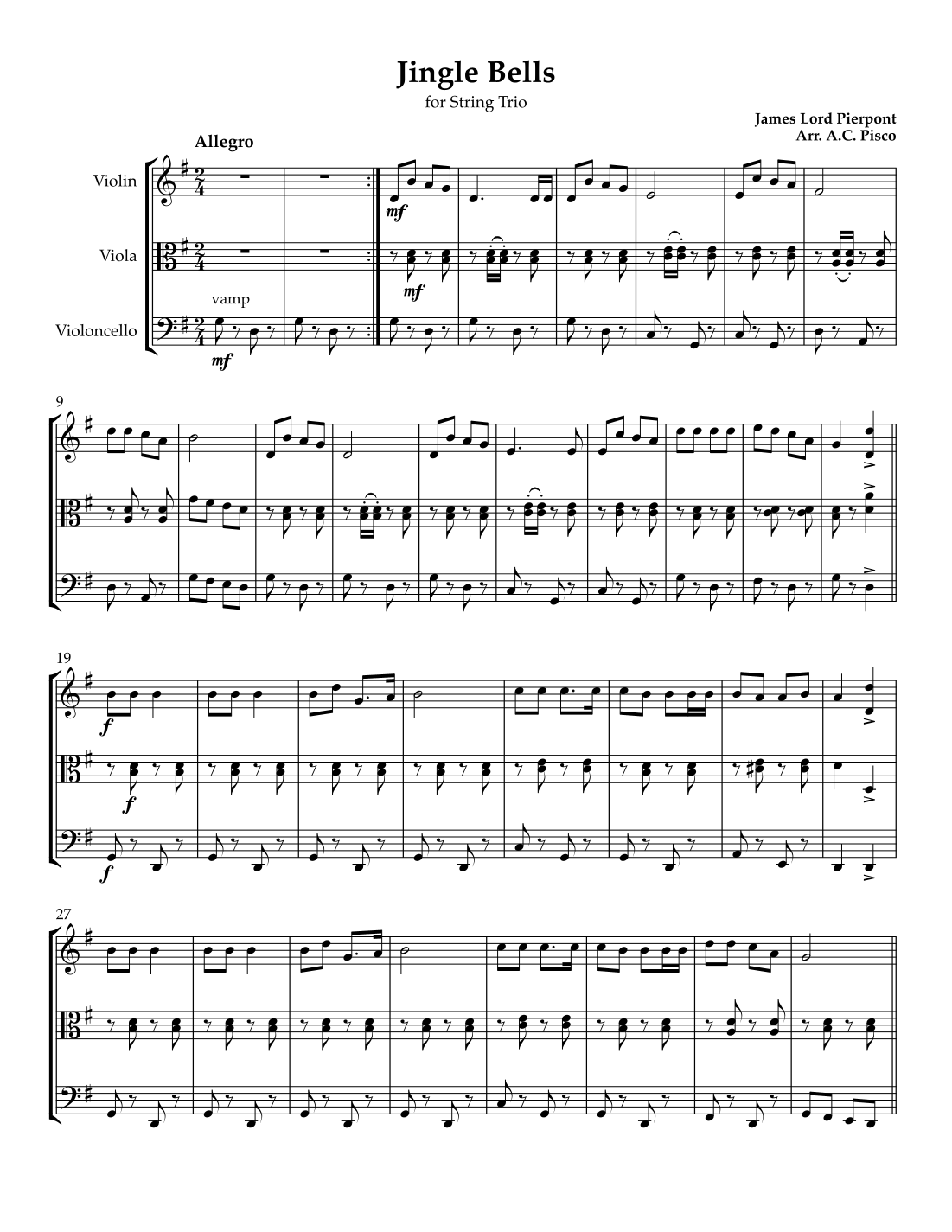 Jingle Bells for String Trio - Full Score and Parts - Score Only (arr ...