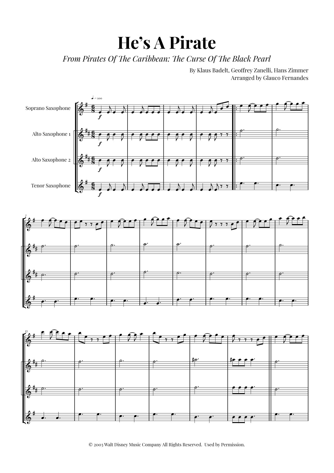 He's A Pirate (arr. Glauco Fernandes) by Geoffrey Zanelli Sheet Music ...