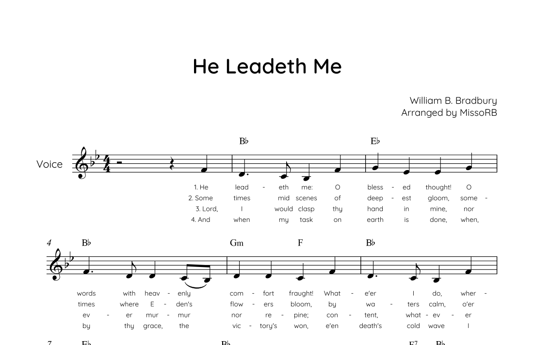 He Leadeth Me - Voice in Bb Lead Sheet With Chords & Lyrics - Easy (arr ...