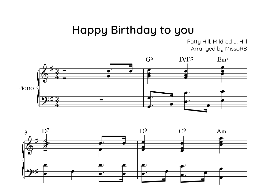 Happy Birthday to you - Piano in G With Chords - Advanced (arr. MissoRB ...