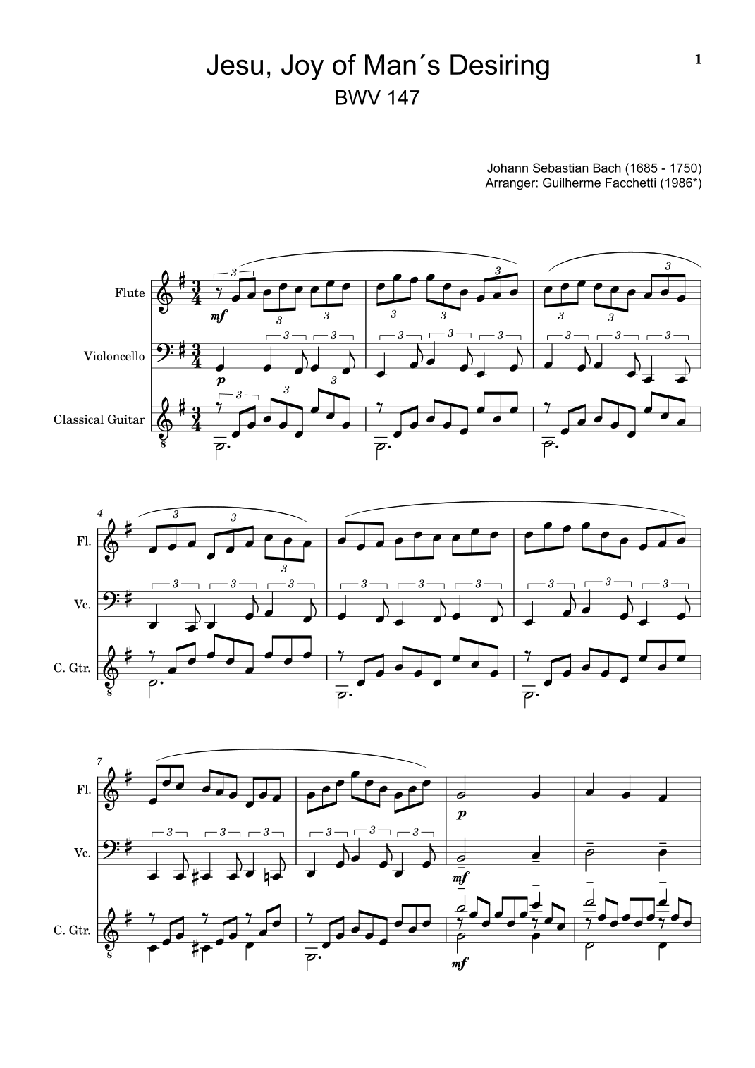 Jesu, Joy of Man´s Desiring. Flute, Cello, Guitar. With Parts. (arr ...