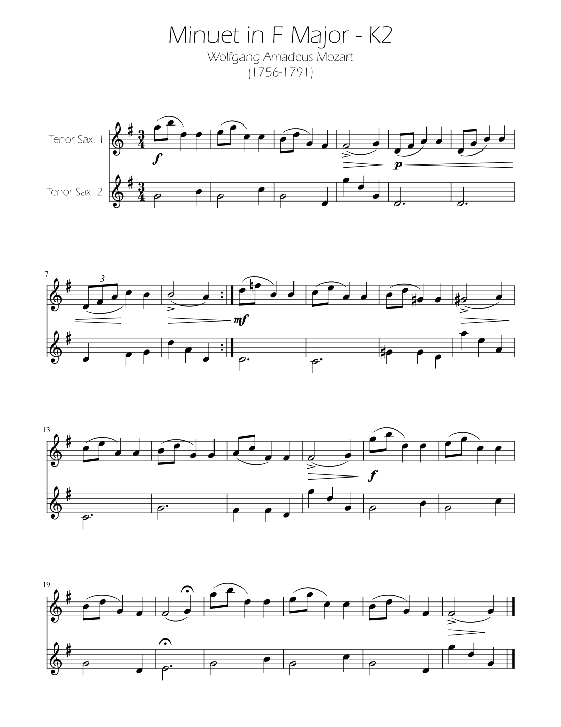 Mozart - Minuet in F Major K2 - Tenor Sax Duet (arr. Ygor Nunes) by ...