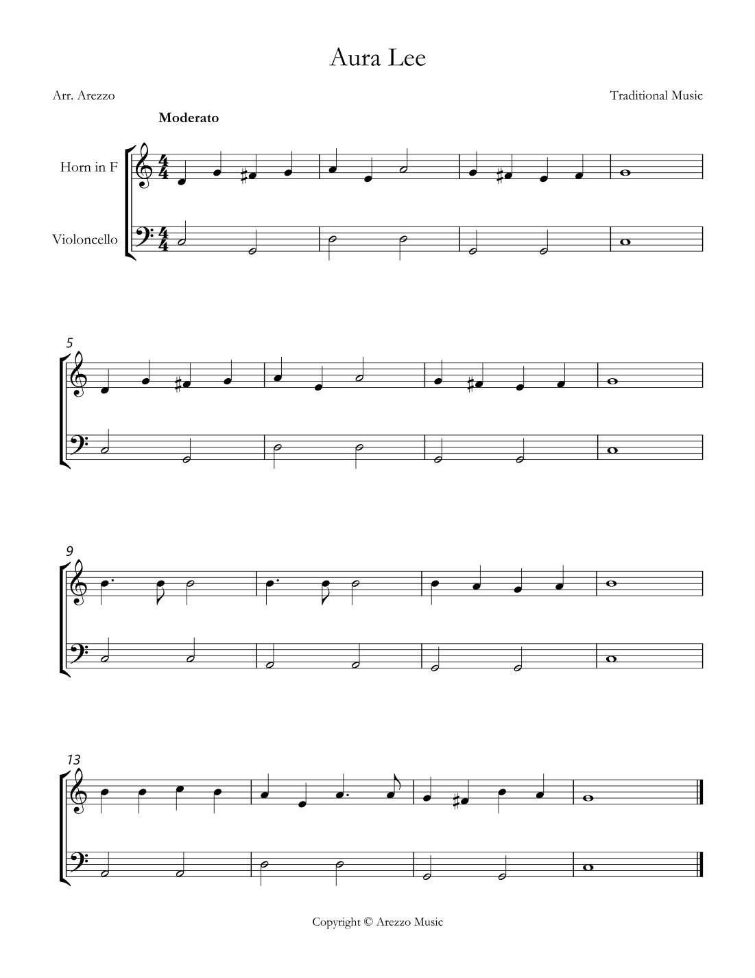 Aura Lee – Easy French Horn and Cello Sheet Music (arr. Arezzo Music ...
