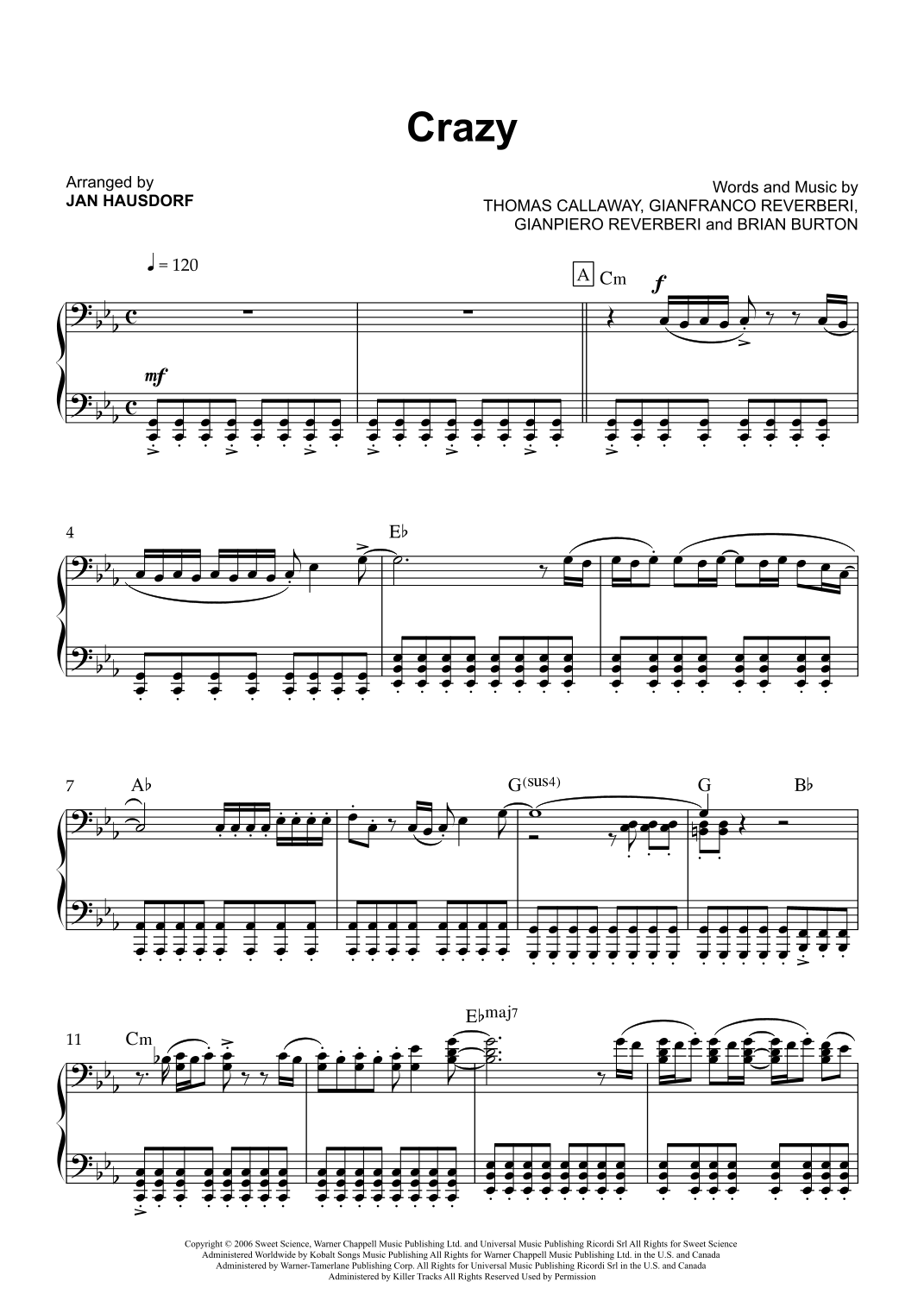 Crazy (arr. Jan Hausdorf) par Gnarls Barkley Partitions pour Piano solo ...