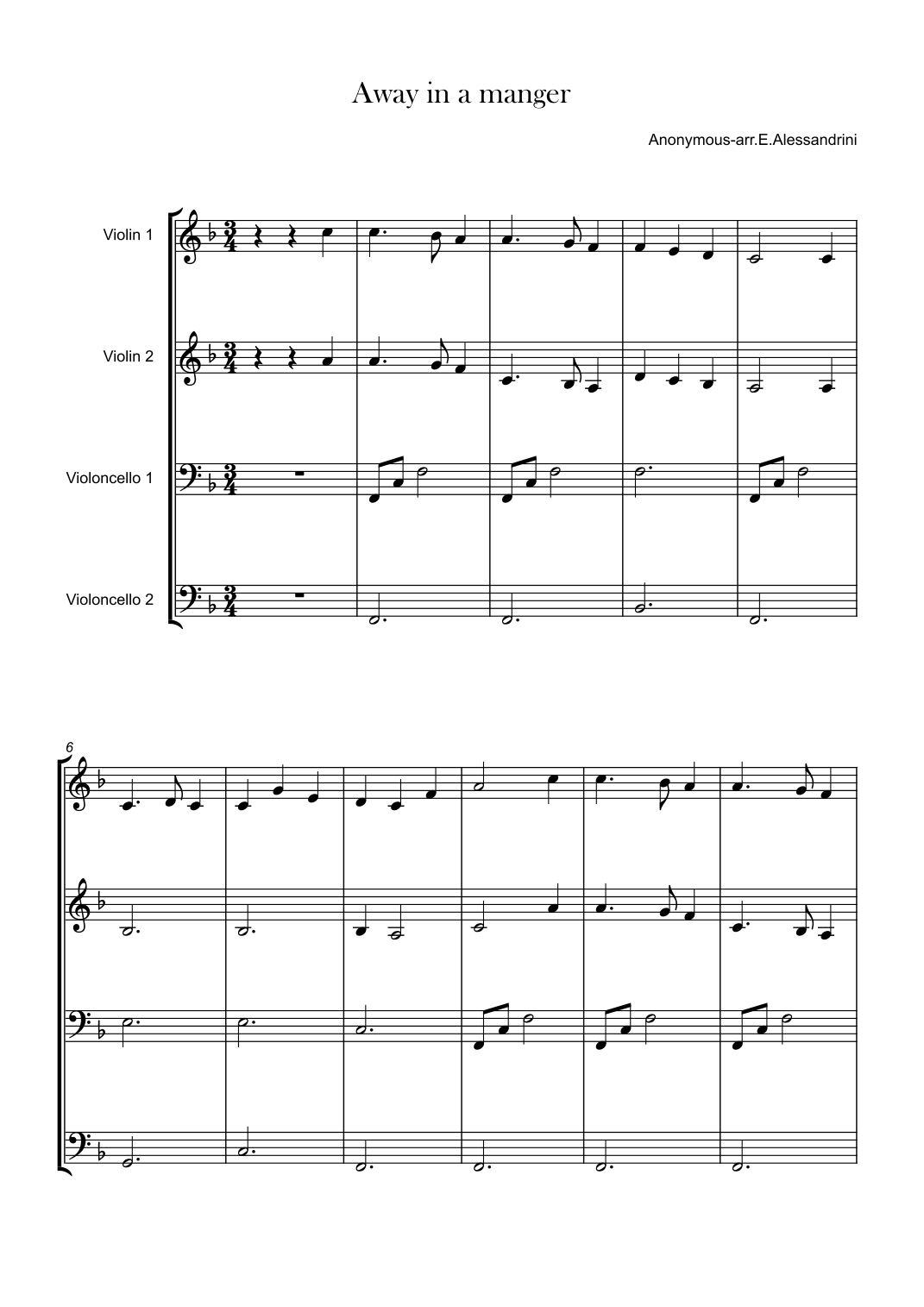Away in a manger. Strings quartet (arr. Ester Alessandrini) by Anonimo ...