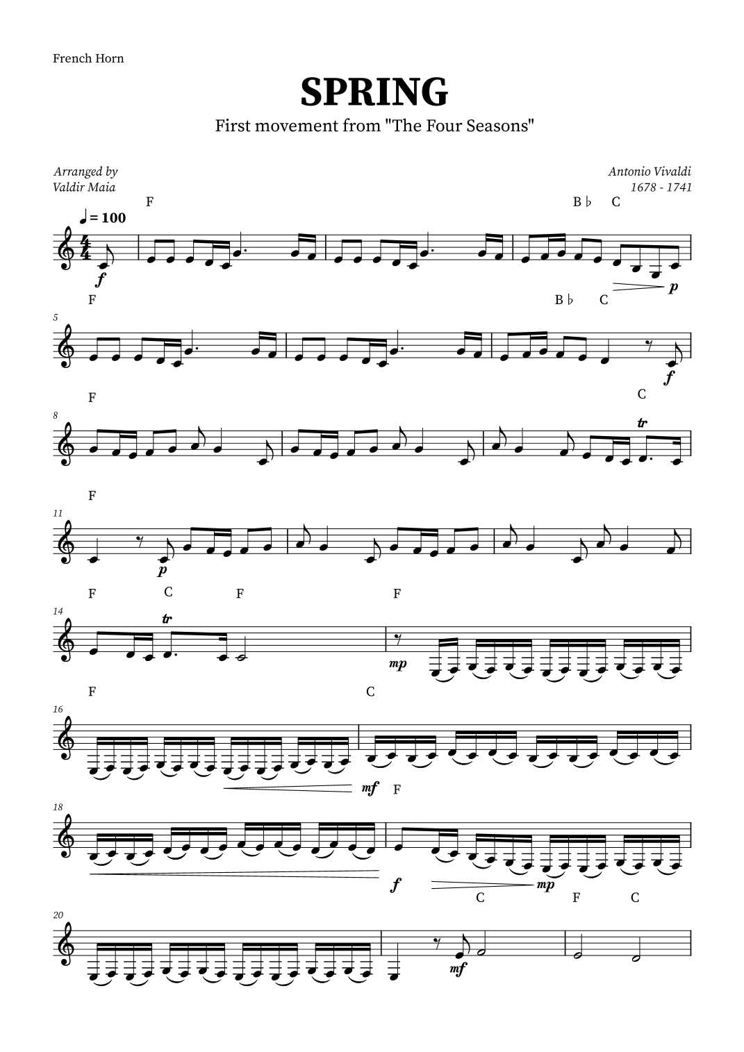 Spring - The Four Seasons for French Horn (+ CHORDS) (arr. Valdir Maia ...