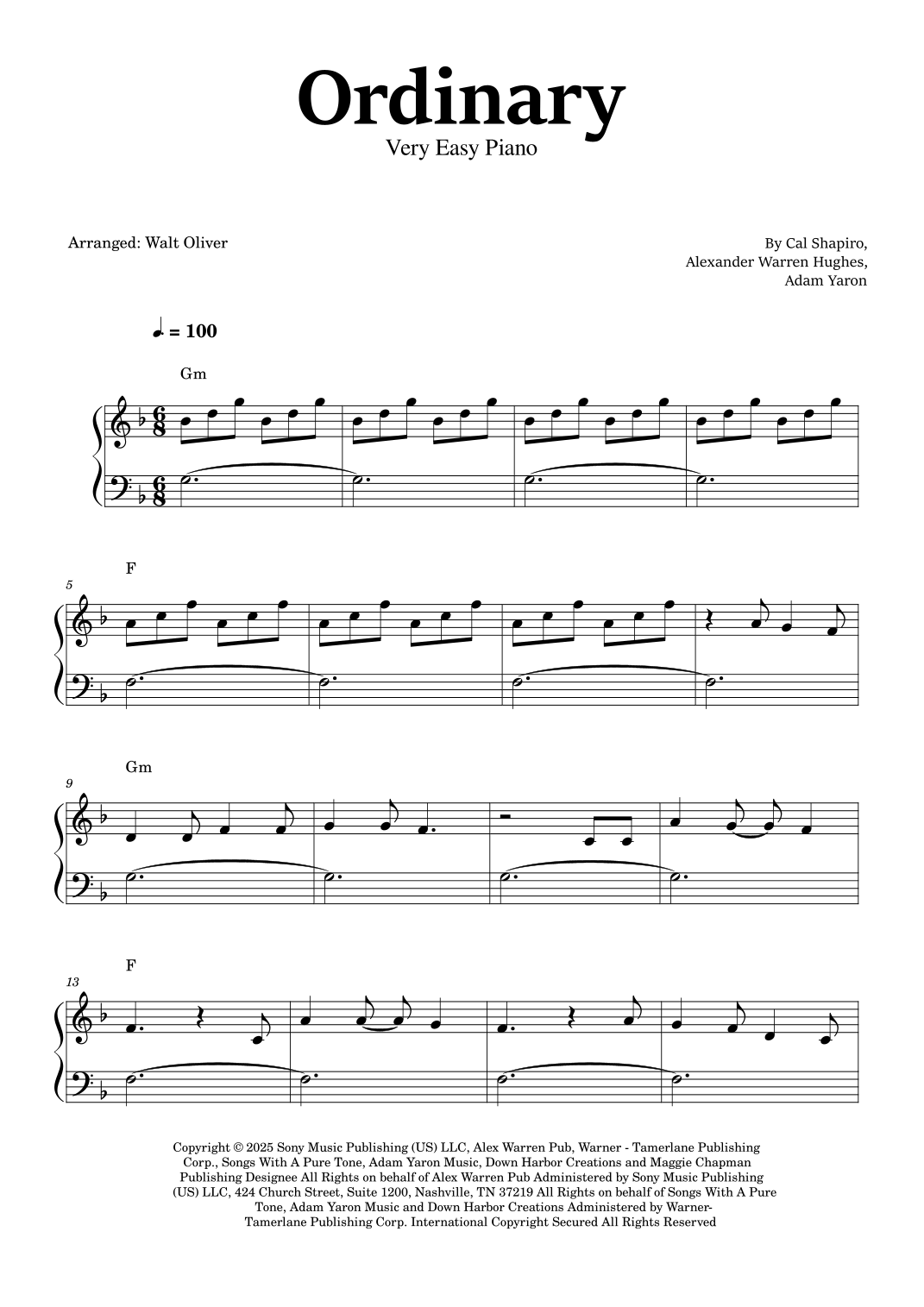 Ordinary (arr. Walt Oliver) by Alex Warren Sheet Music for Easy Piano ...