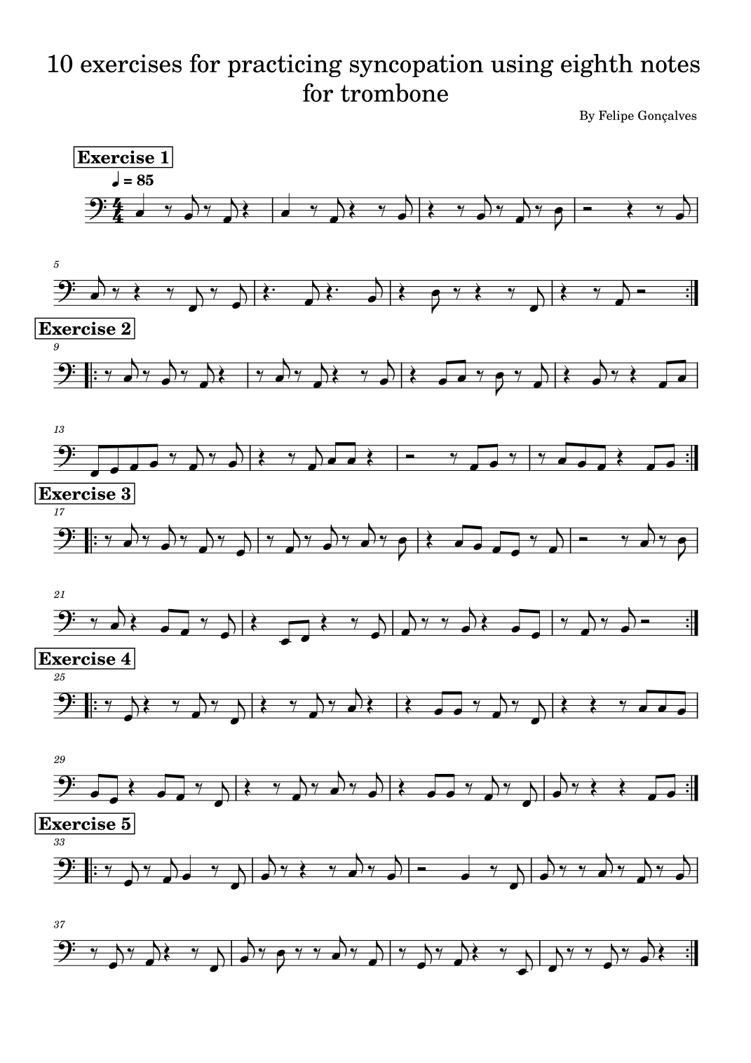 10 exercises for syncopation using eighth notes for trombone in C major ...