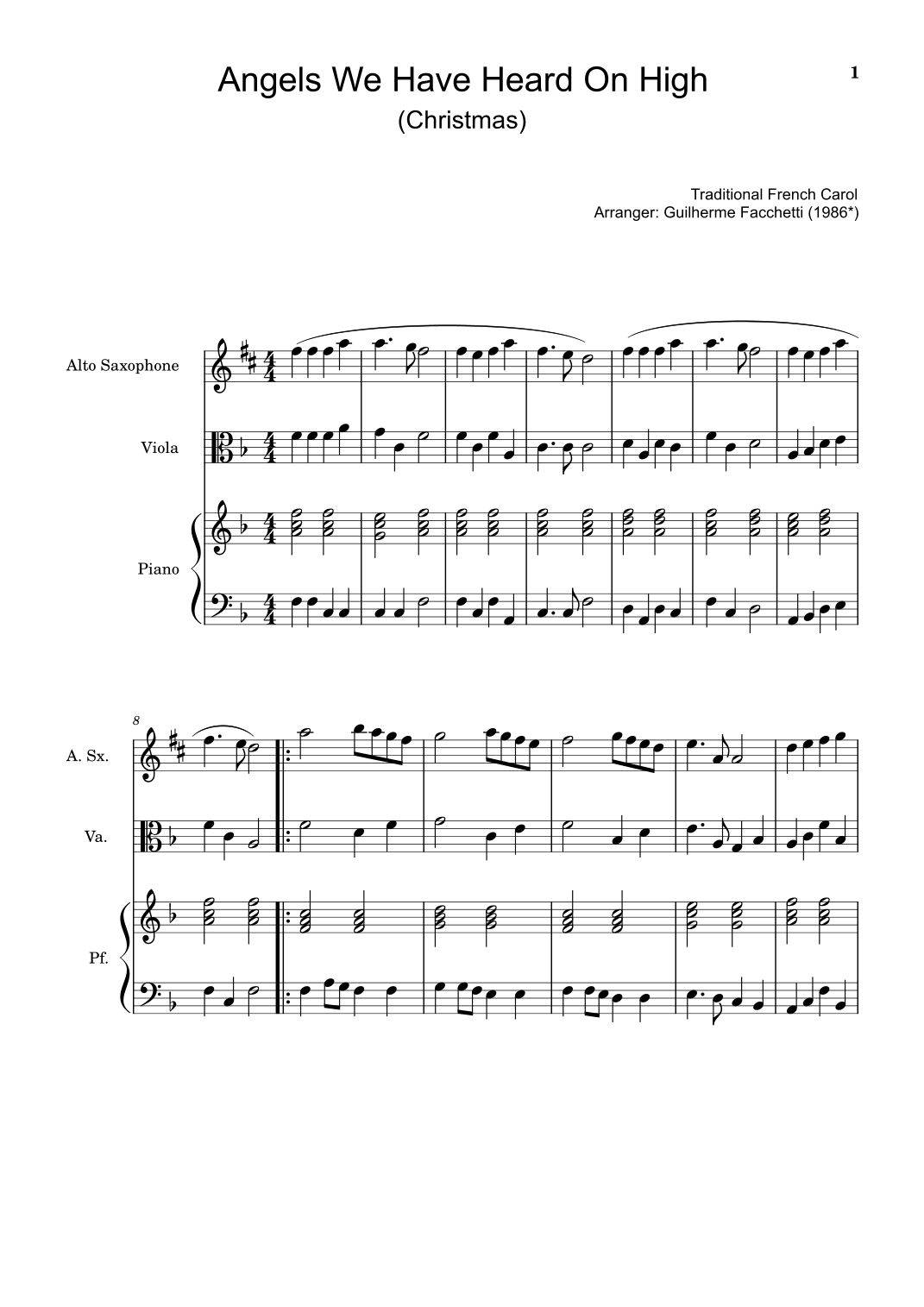 Angels We Have Heard On High - A. Sax., Viola and Piano. With Parts ...