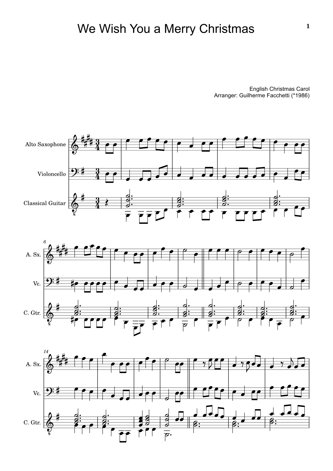 We Wish You a Merry Christmas - For A. Sax., Cello and Guitar. With ...