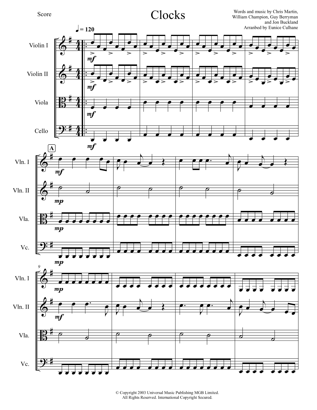Clocks (arr. Eunice Culhane) by Coldplay Sheet Music for String Quartet ...