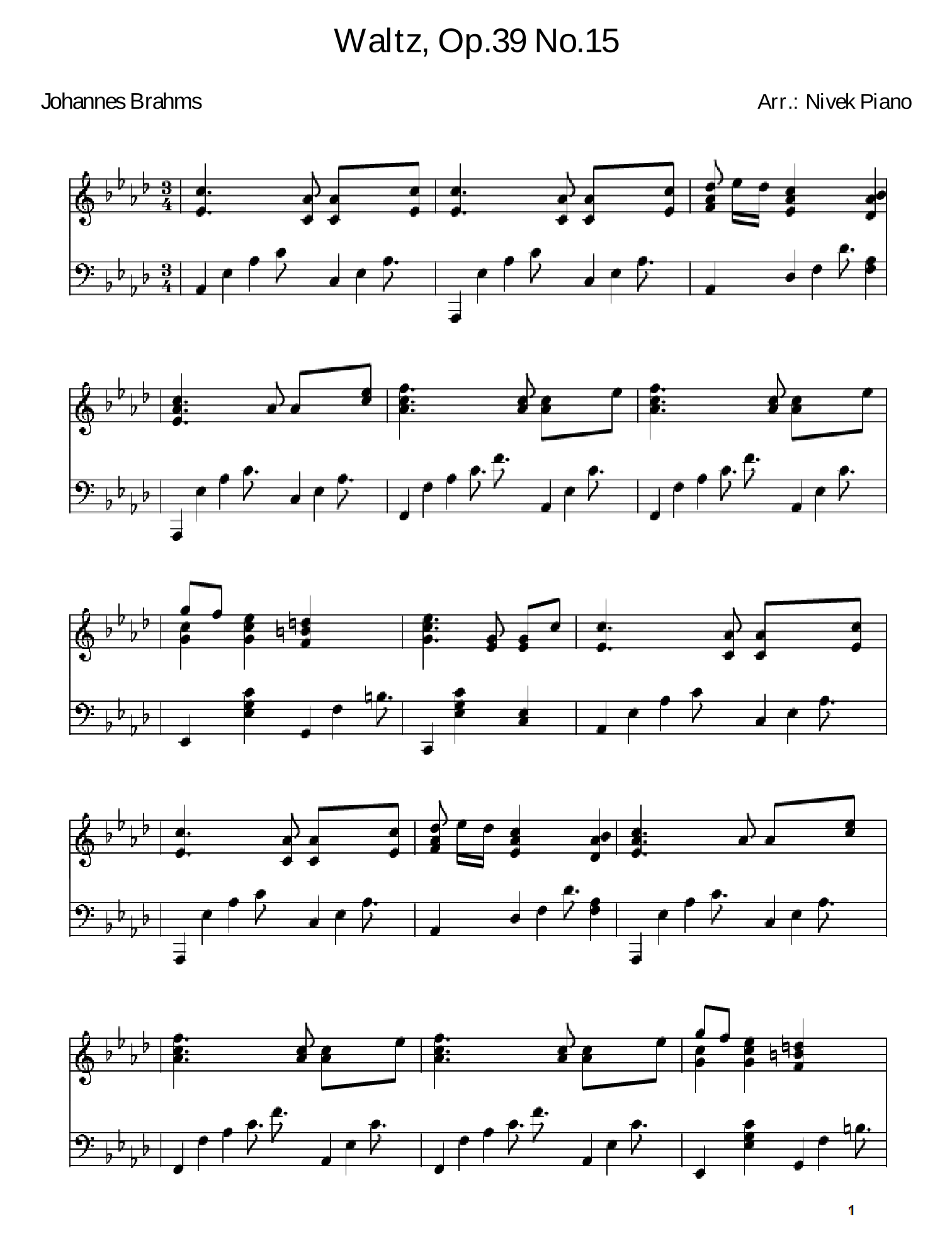 Waltz, Op.39 No.15 - Johannes Brahms (arr. Nivek Piano) by Johannes ...