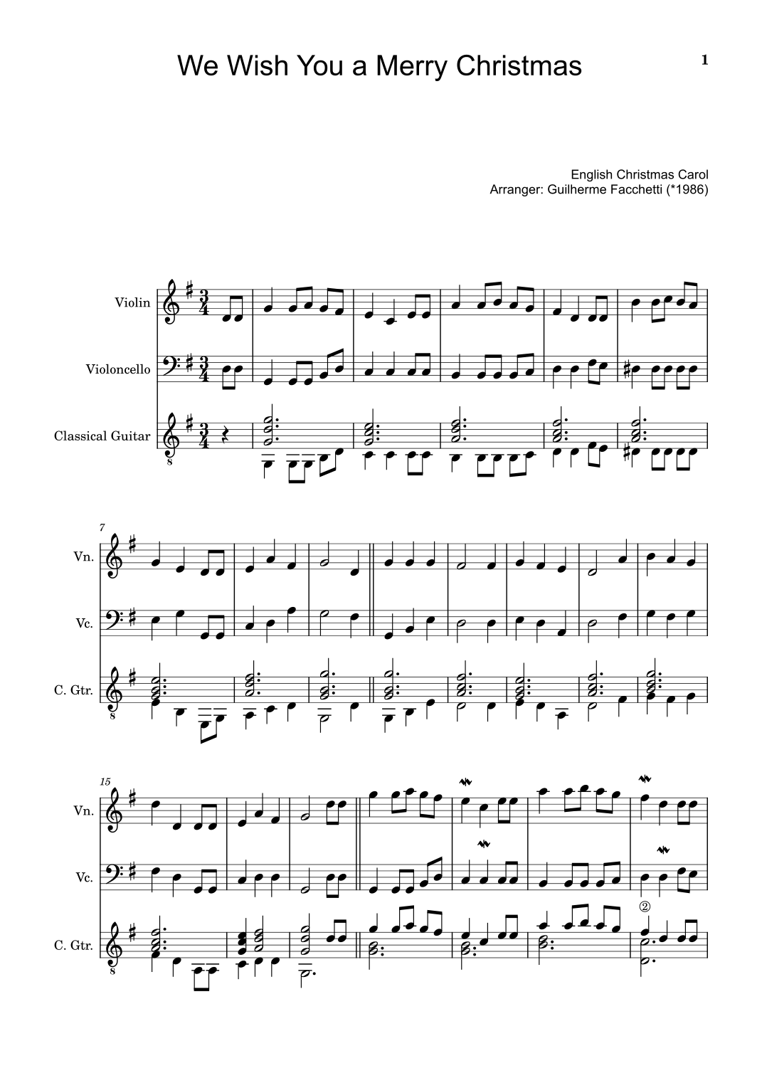 We Wish You a Merry Christmas - For Violin, Cello and Guitar. With ...