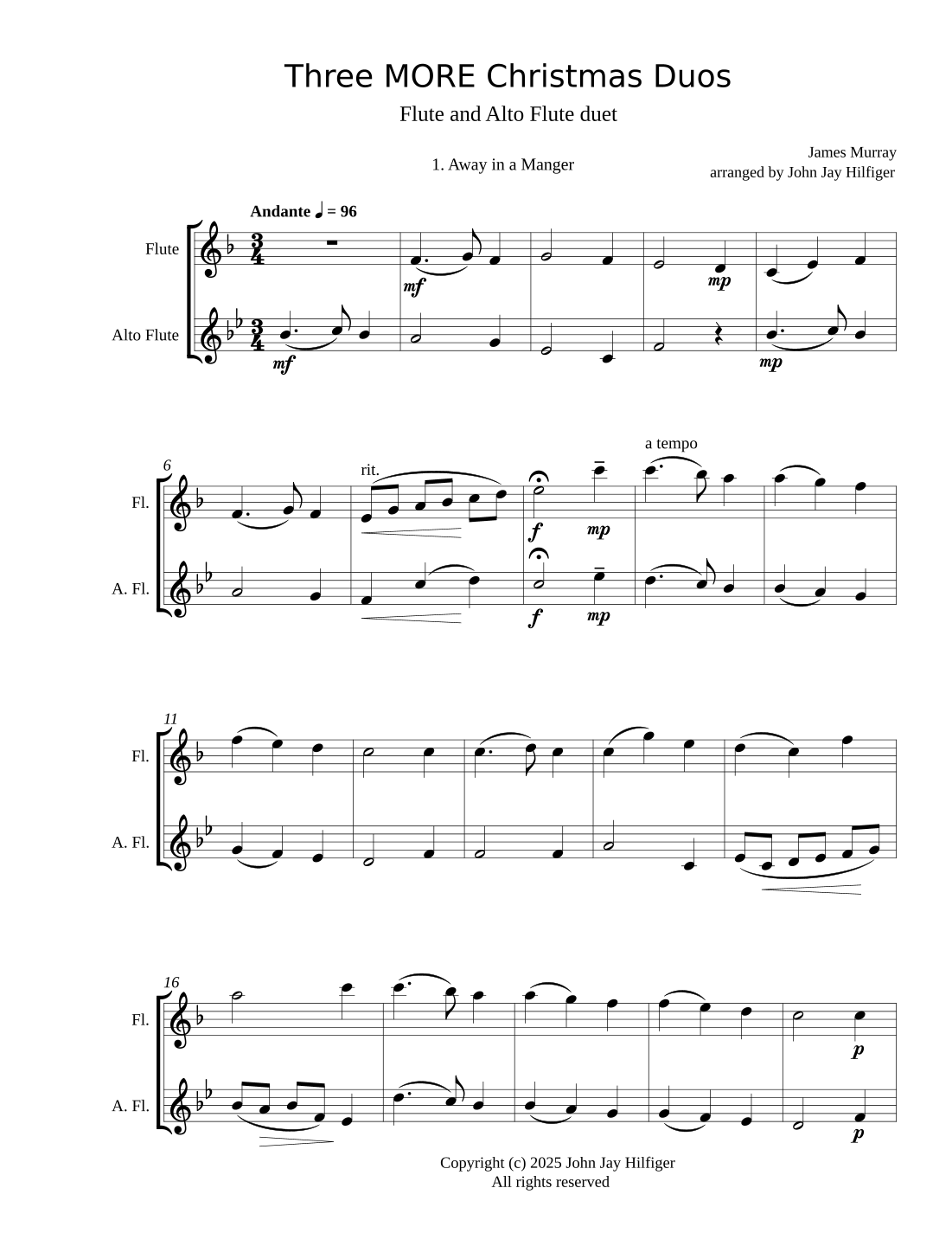 Three MORE Christmas Duos for Flute and Alto Flute (arr. John Jay ...
