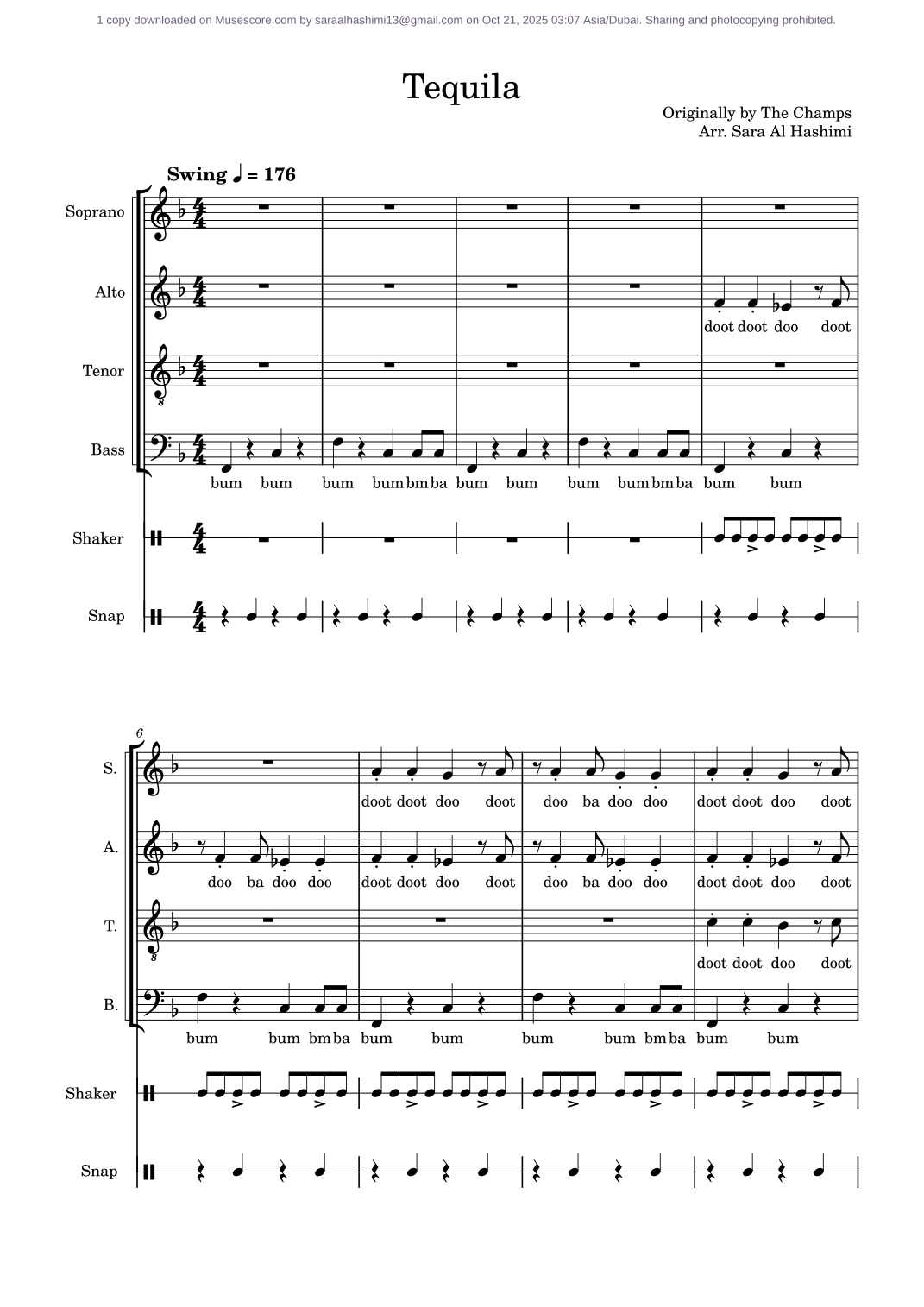 Tequila (arr. Sara Al Hashimi) by The Champs Sheet Music for SATB Choir ...