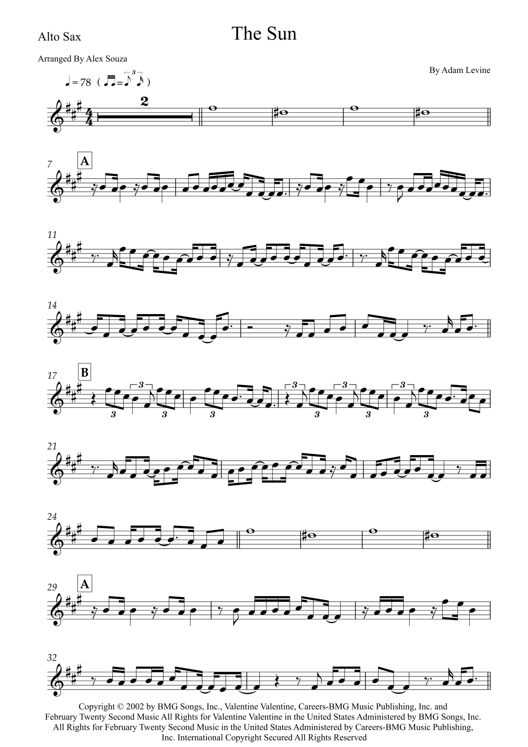 The Sun (arr. Alex Souza) par Maroon5 Partitions pour Saxophone Alto ...