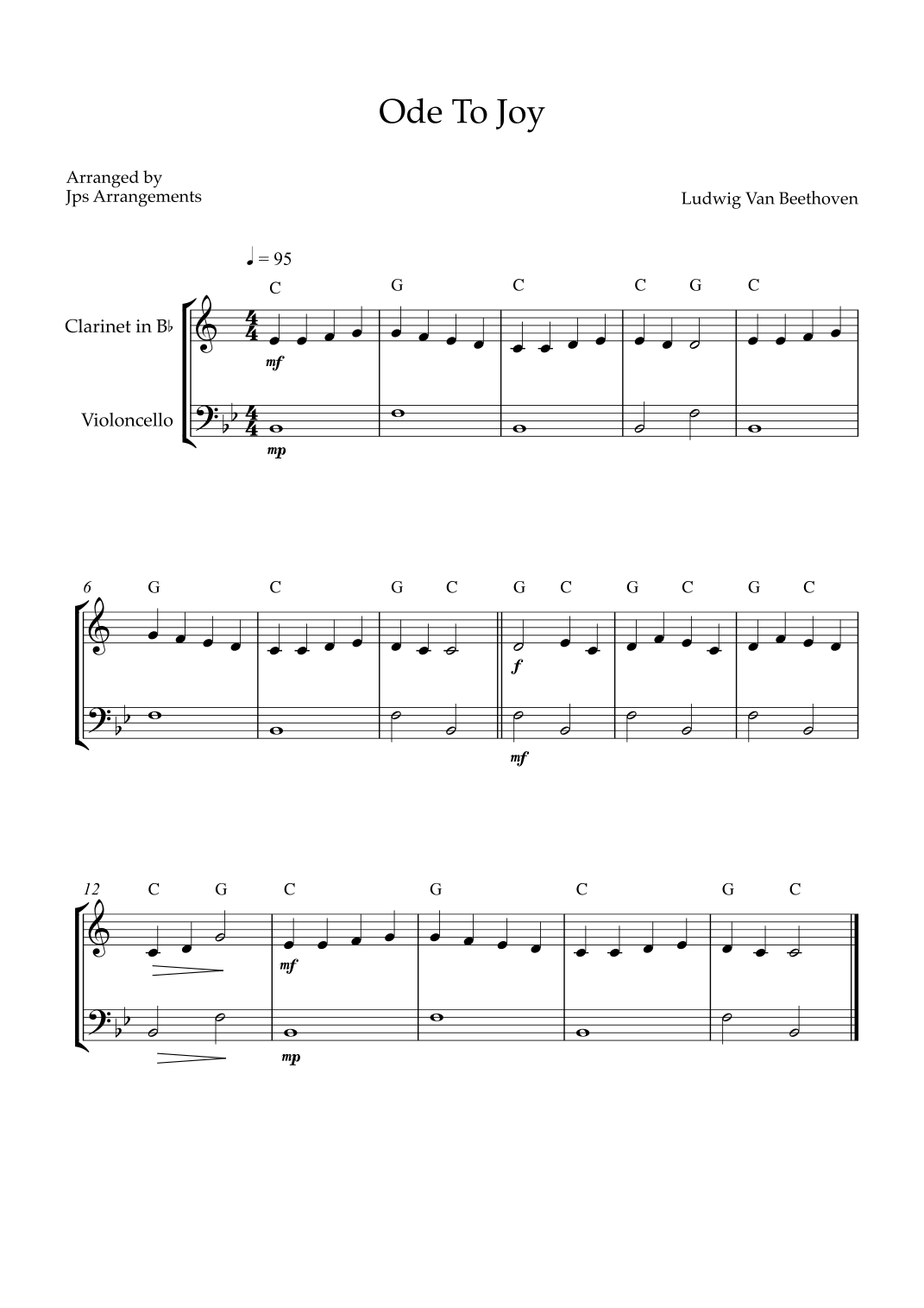 Ode to Joy for Clarinet and Trombone - Key of Bb (arr. Jps Arrangements ...