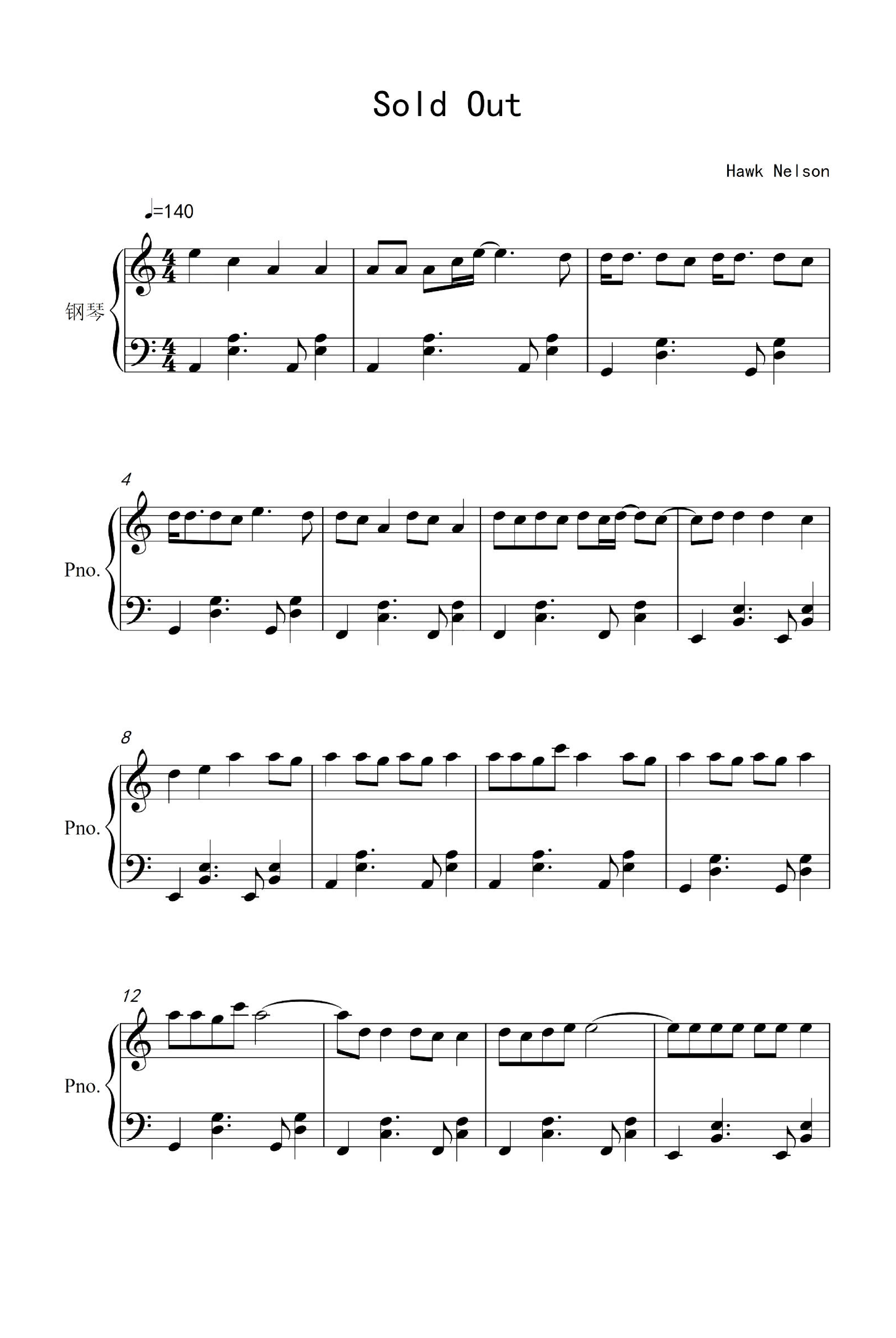 Sold Out by Hawk Nelson Sheet Music for Piano Solo at Sheet Music Direct