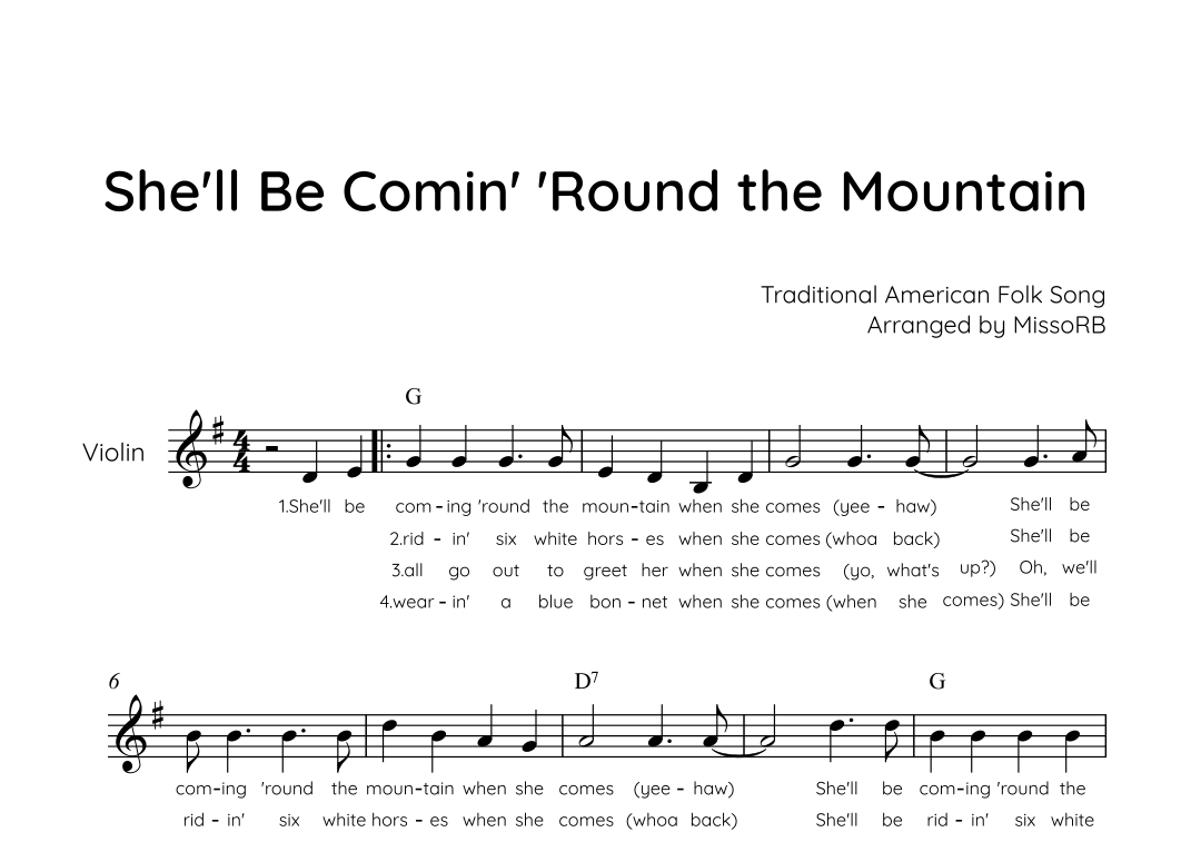 She'll Be Comin''Round the Mountain - Violin in G With Chords & Lyric ...