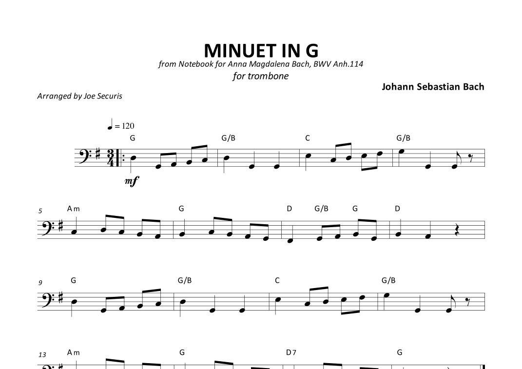 Minuet in G (arr. Joe Securis) by Johann Sebastian Bach Sheet Music for ...