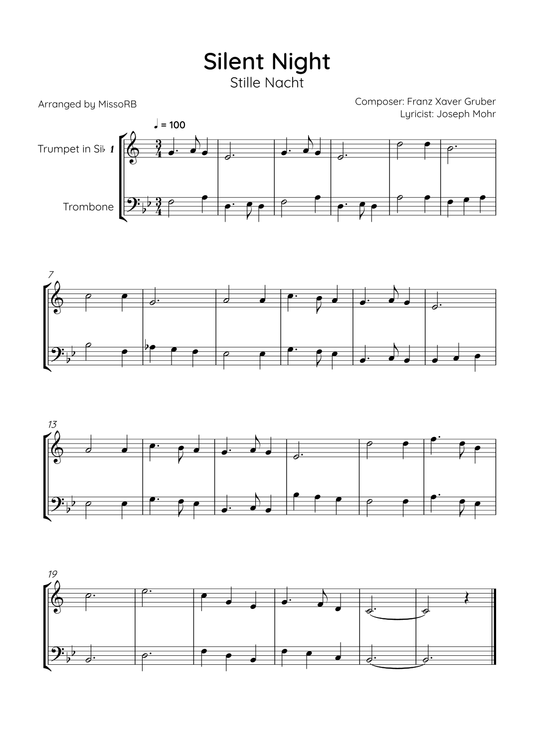 Silent Night" (Stille Nacht) - Trumpet & Trombone in Bb Major - Easy ...