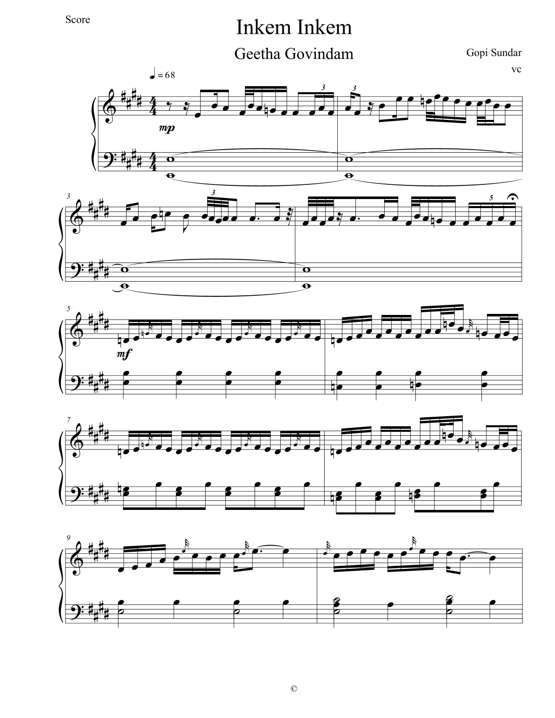 Inkem Inkem (arr. Varun Chitnis) by Gopi Sunder Sheet Music for Piano ...