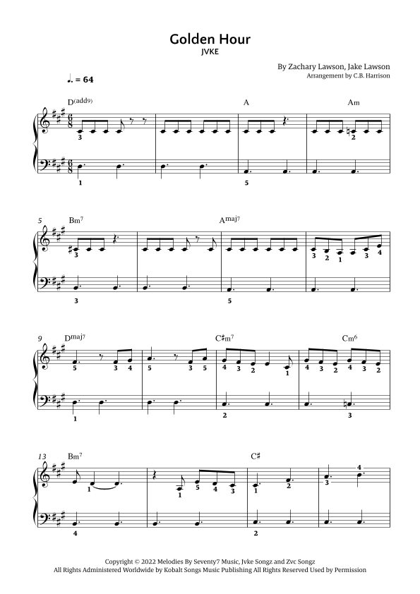 Golden Hour (arr. C. B. Harrison) por Jvke Partituras para Piano Fácil ...