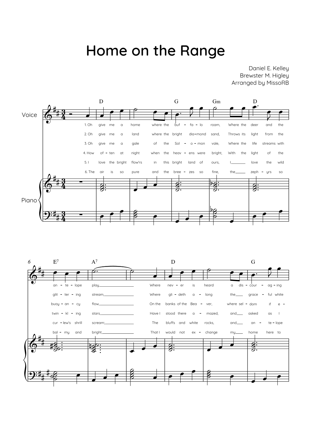 Home on the Range - Voice & Piano in D With Chords & Lyric - Easy by ...