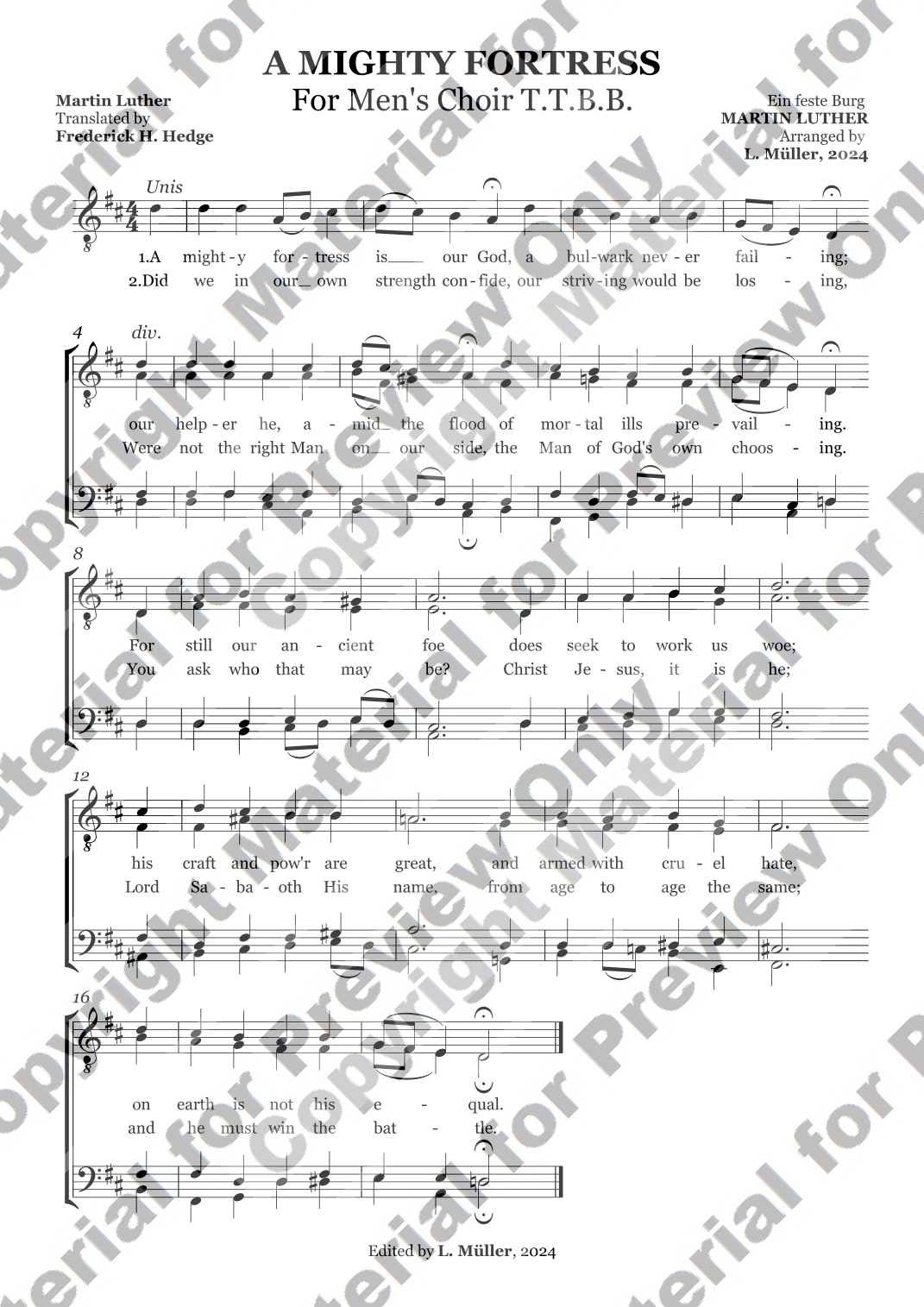 A Mighty Fortress - For Men's Choir - TTBB (arr. L. Müller) by Martin ...