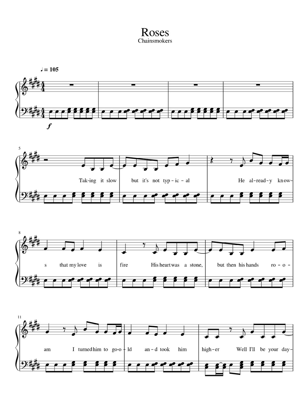 Roses (arr. Unknown) by The Chainsmokers Feat. Rozes Sheet Music for ...